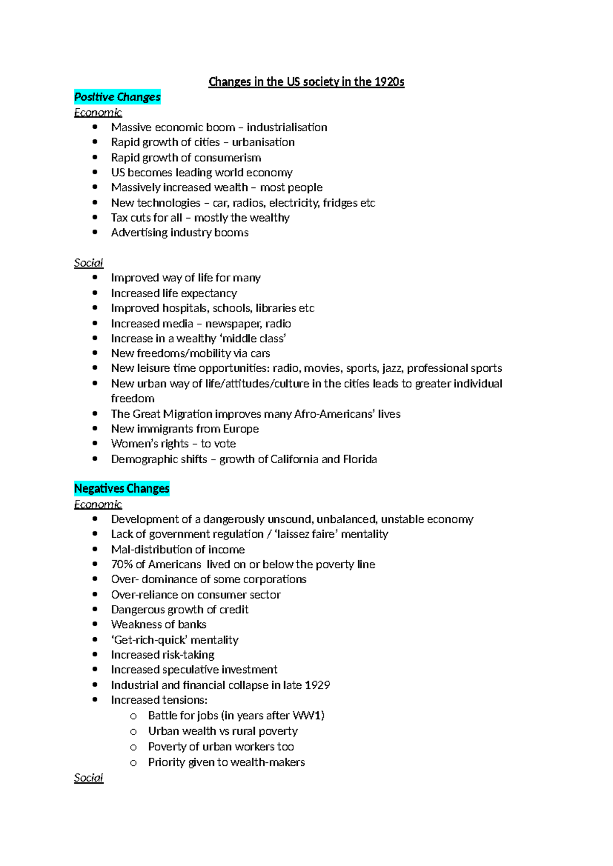 Changes in US Society - Changes in the US society in the 1920s Positive ...