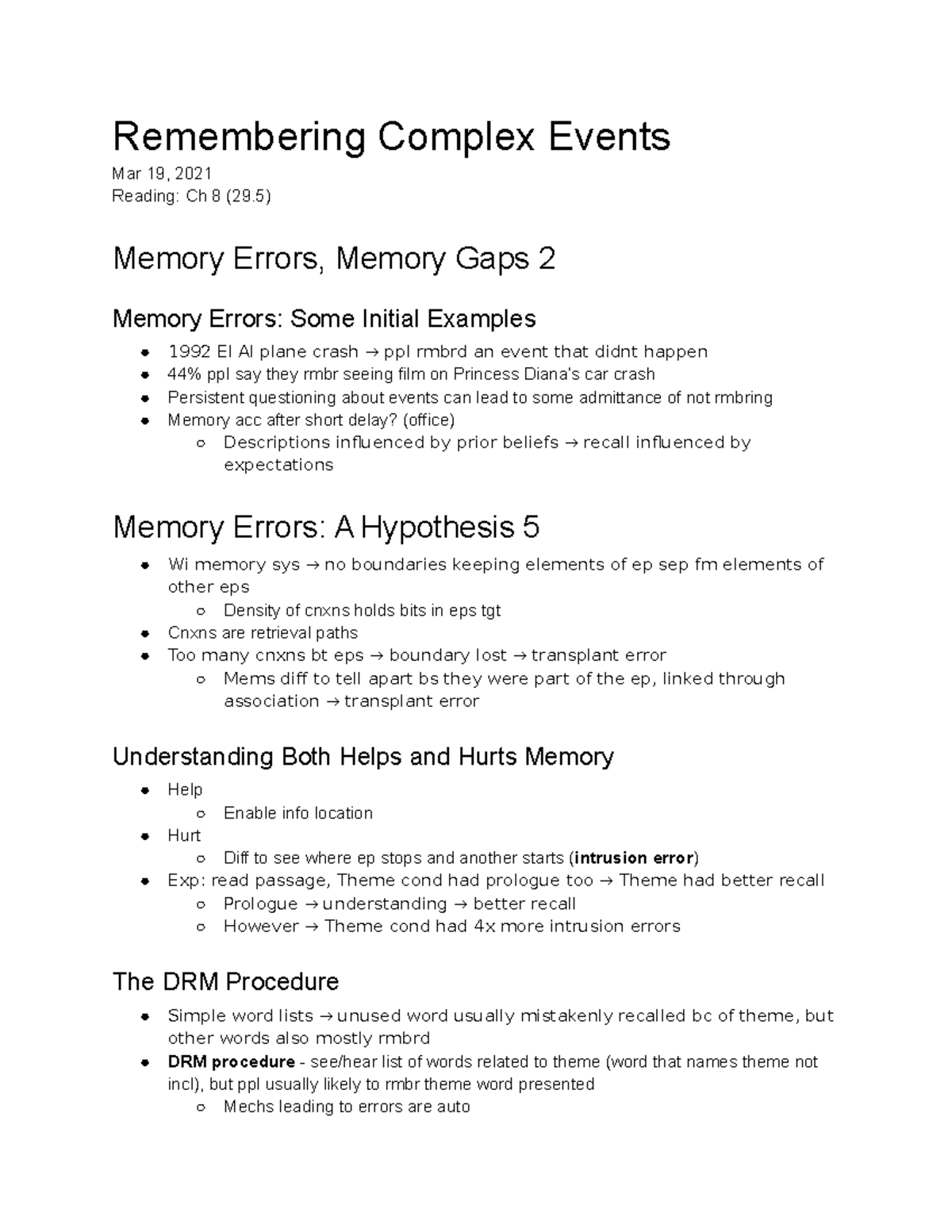 7 - Remembering Complex Events - Remembering Complex Events Mar 19, 2021 Reading: Ch 8 (29 ...