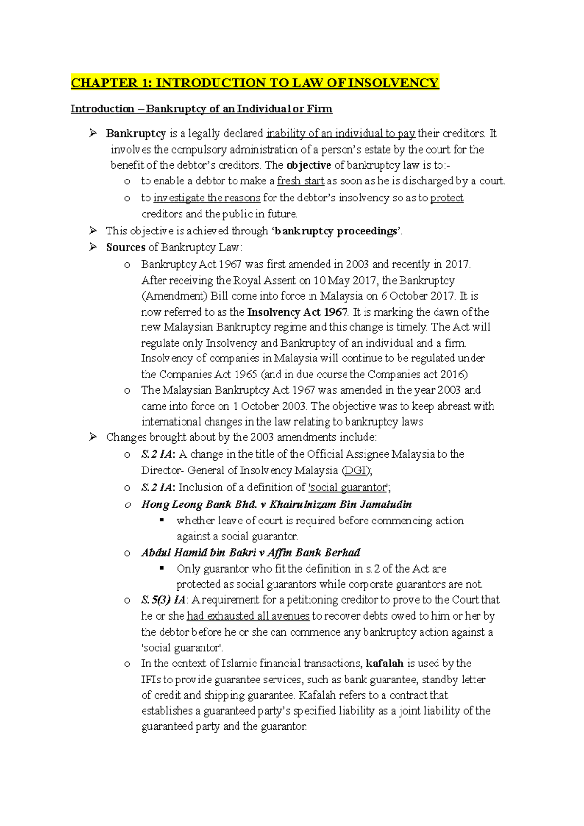 Chapter 1 Introduction - CHAPTER 1: INTRODUCTION TO LAW OF INSOLVENCY ...