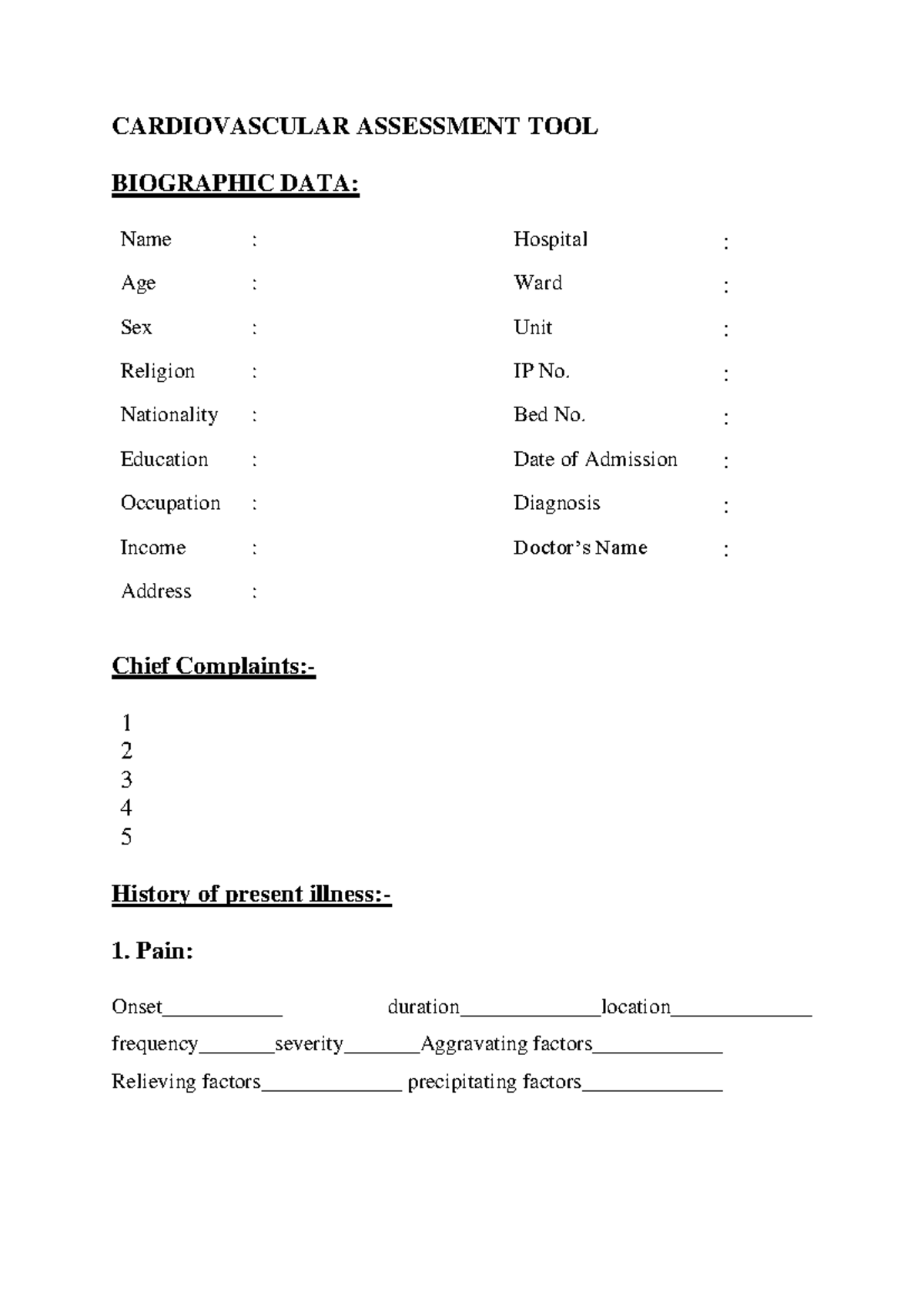 Cardio Vascular Assessment Tool - CARDIOVASCULAR ASSESSMENT TOOL ...