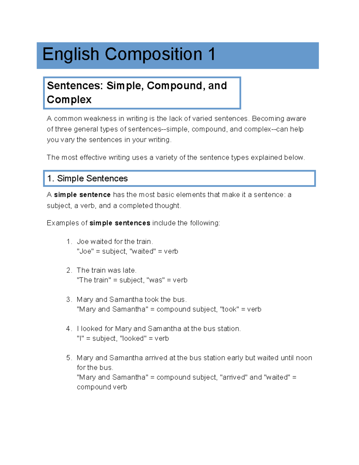 English Senteces Simple, Compound & Complex - English Composition 1 ...
