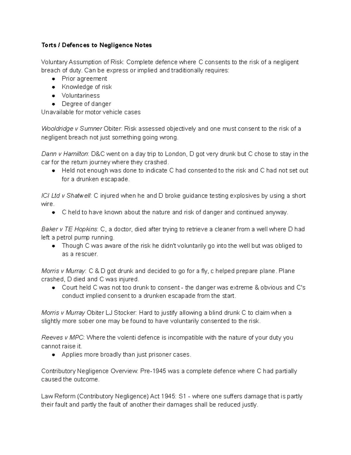 Torts Defences to Negligence Notes - Torts / Defences to Negligence ...