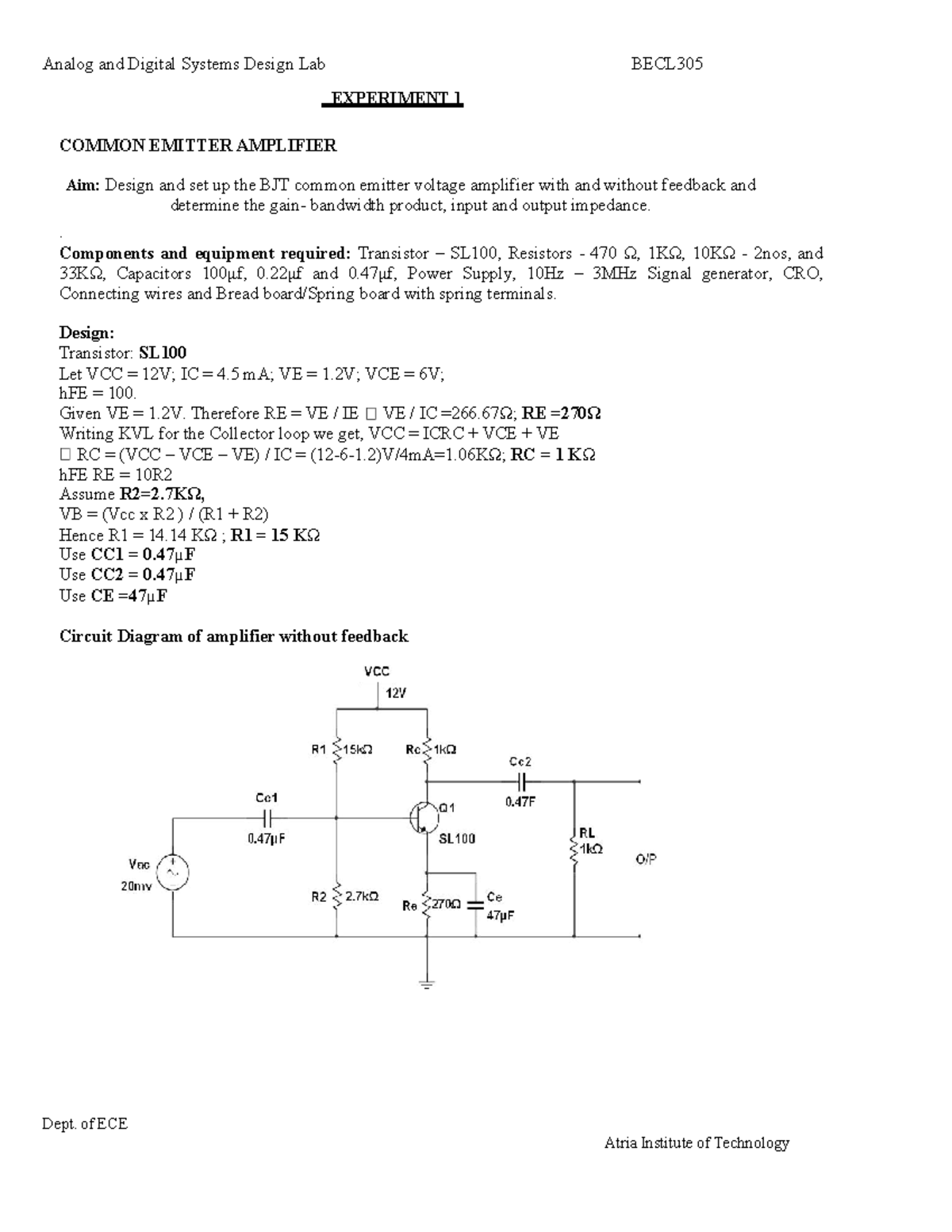 Updated 3rd sem ADSD LAB Manual 2023-1 - Dept. of ECE EXPERIMENT 1 COMMON EMITTER AMPLIFIER Aim ...