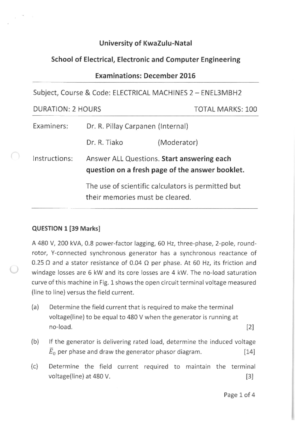 Exam 2016, questions - University of School of Electrical, Electronic ...