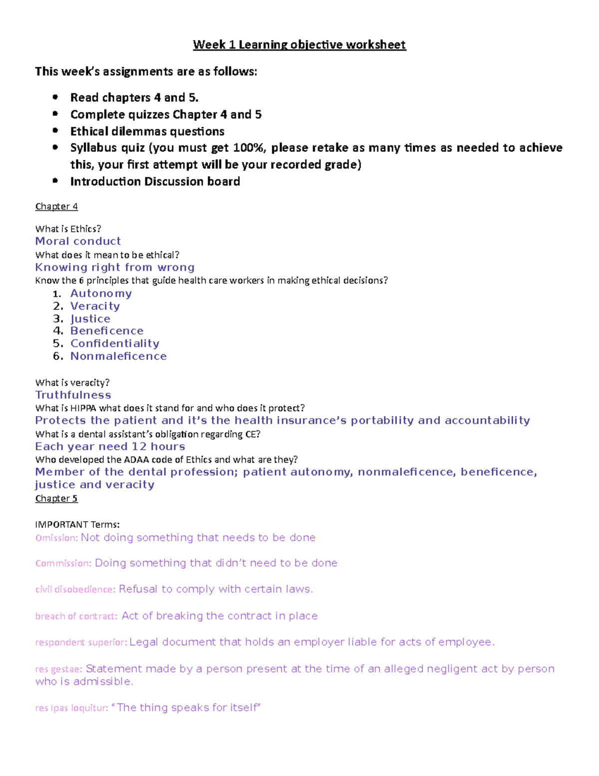 Week One Learnig Objectives Week 1 Learning Objective Worksheet This Weeks Assignments Are As