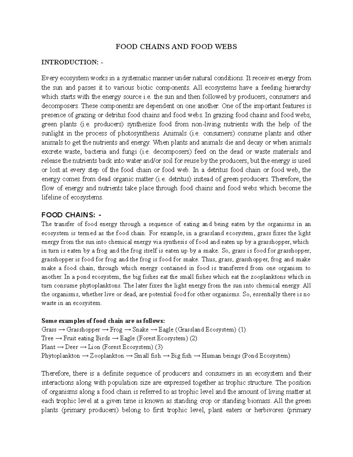 Food chain and food web - FOOD CHAINS AND FOOD WEBS INTRODUCTION ...