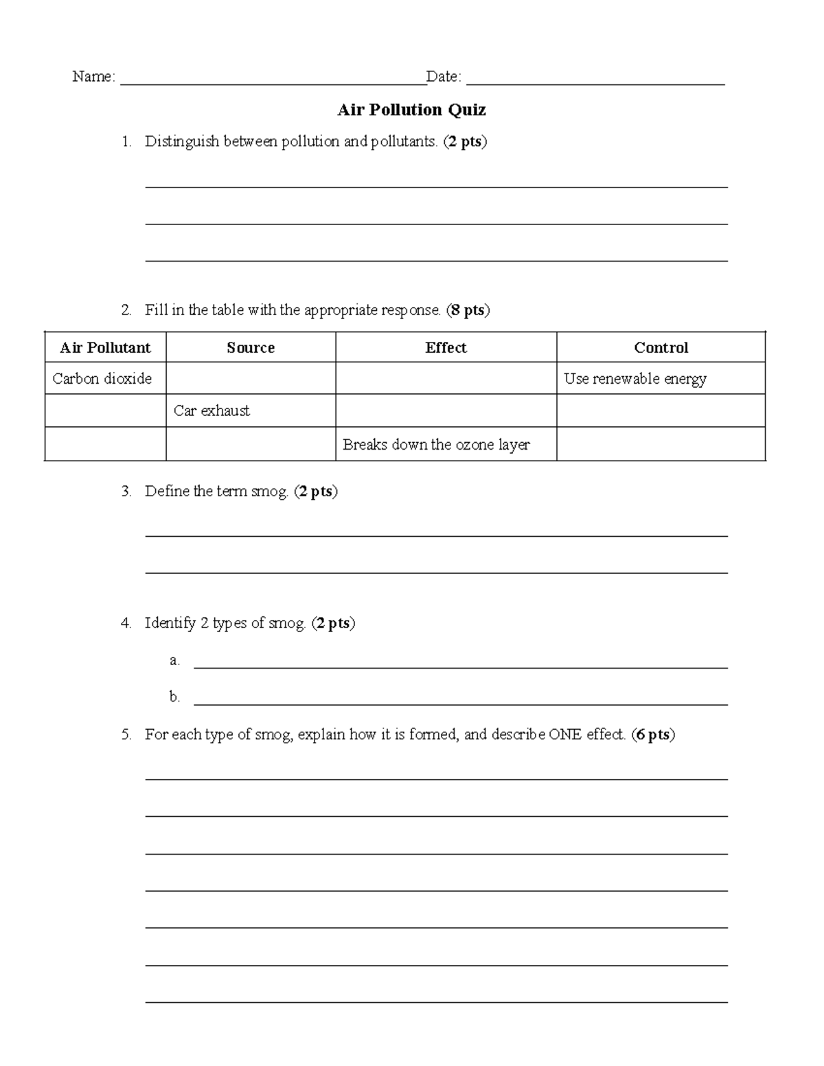 Air Pollution Qiz - Practice Test - Name ...