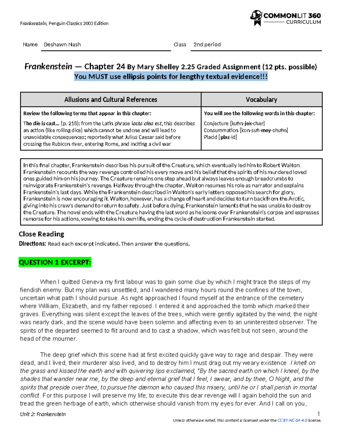 Copy of 2.25 Frankenstein Volume Three, Chapter VII During-Reading ...