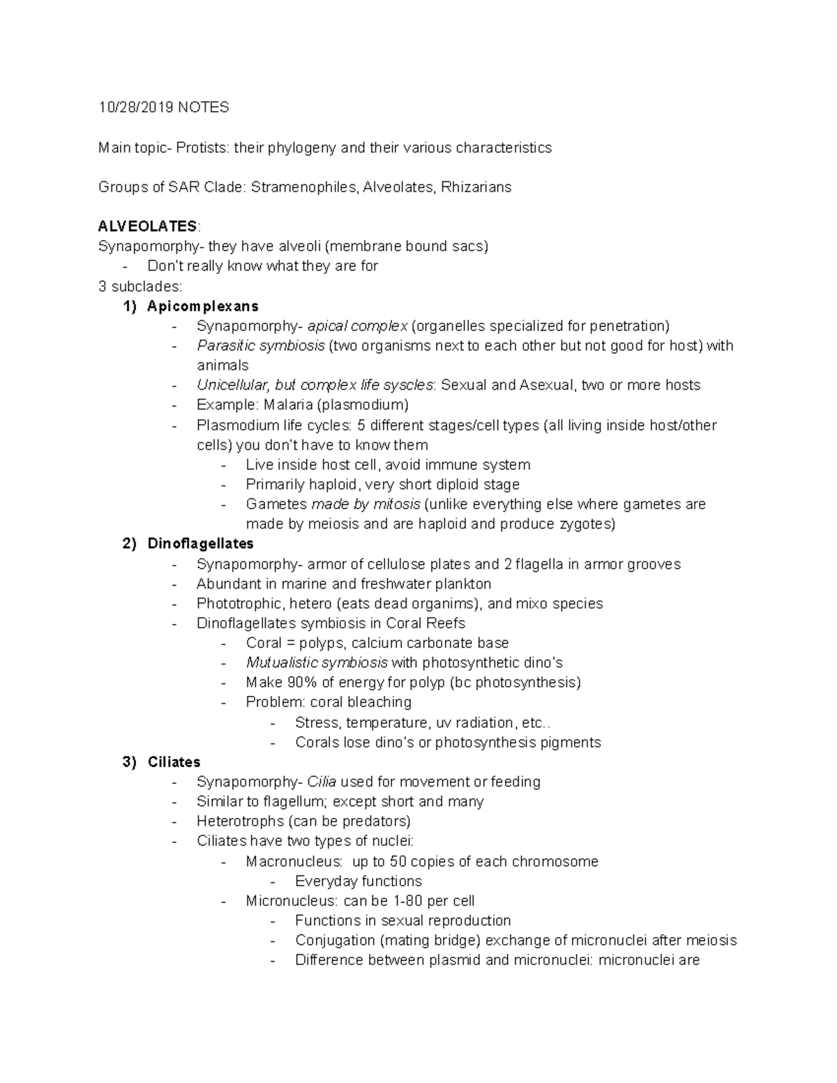 10/28/2019 Notes - Alveolates, Excavata, and Rhizarians and their ...