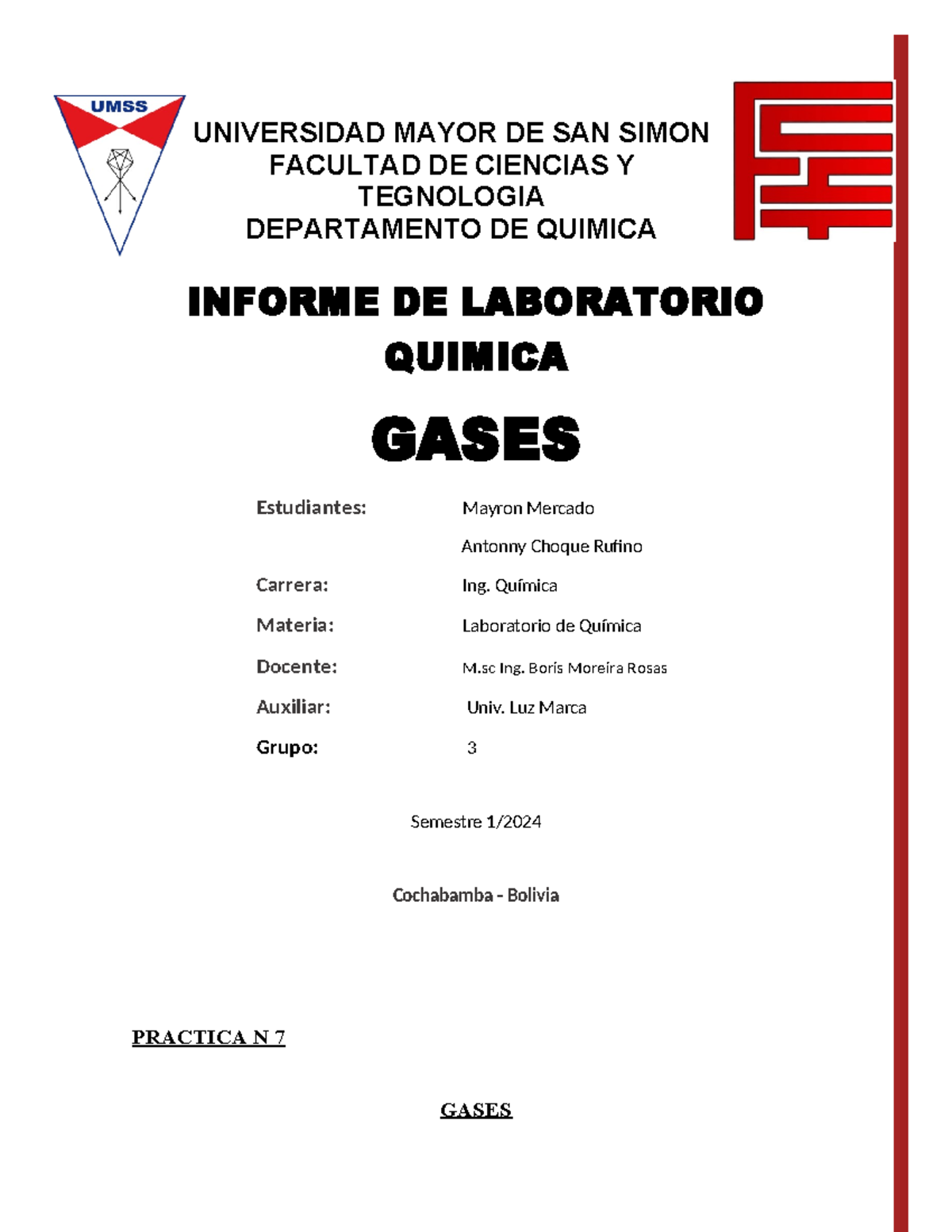 Informe De Laboratorio Quimica Gases 190 Informe De Laboratorio