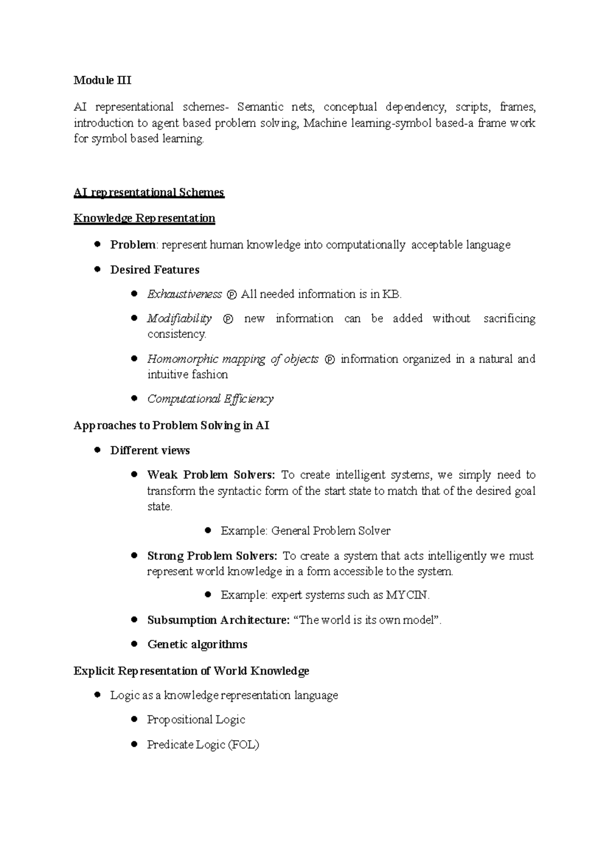 Artificial Intelligence Module 3 - Module III AI representational ...
