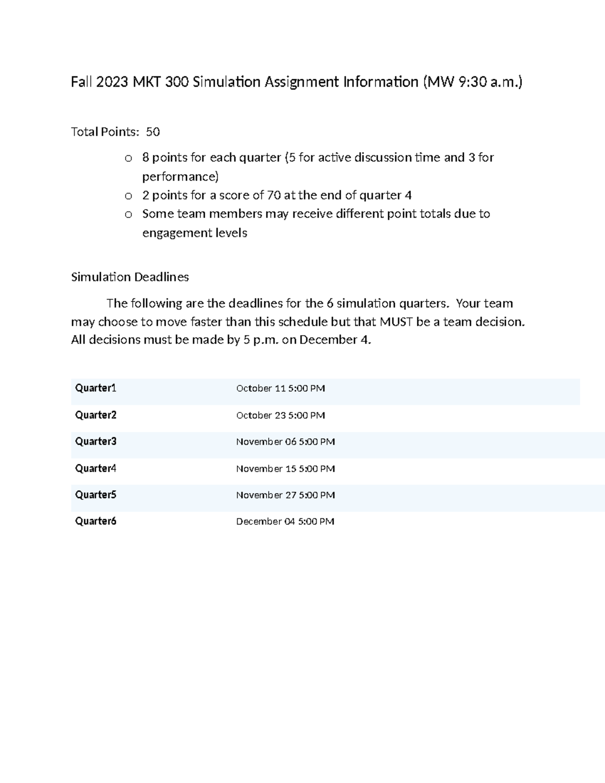 Fall 2023 MKT 300 Simulation Assignment Information - Fall 2023 MKT 300 Simulation Assignment ...