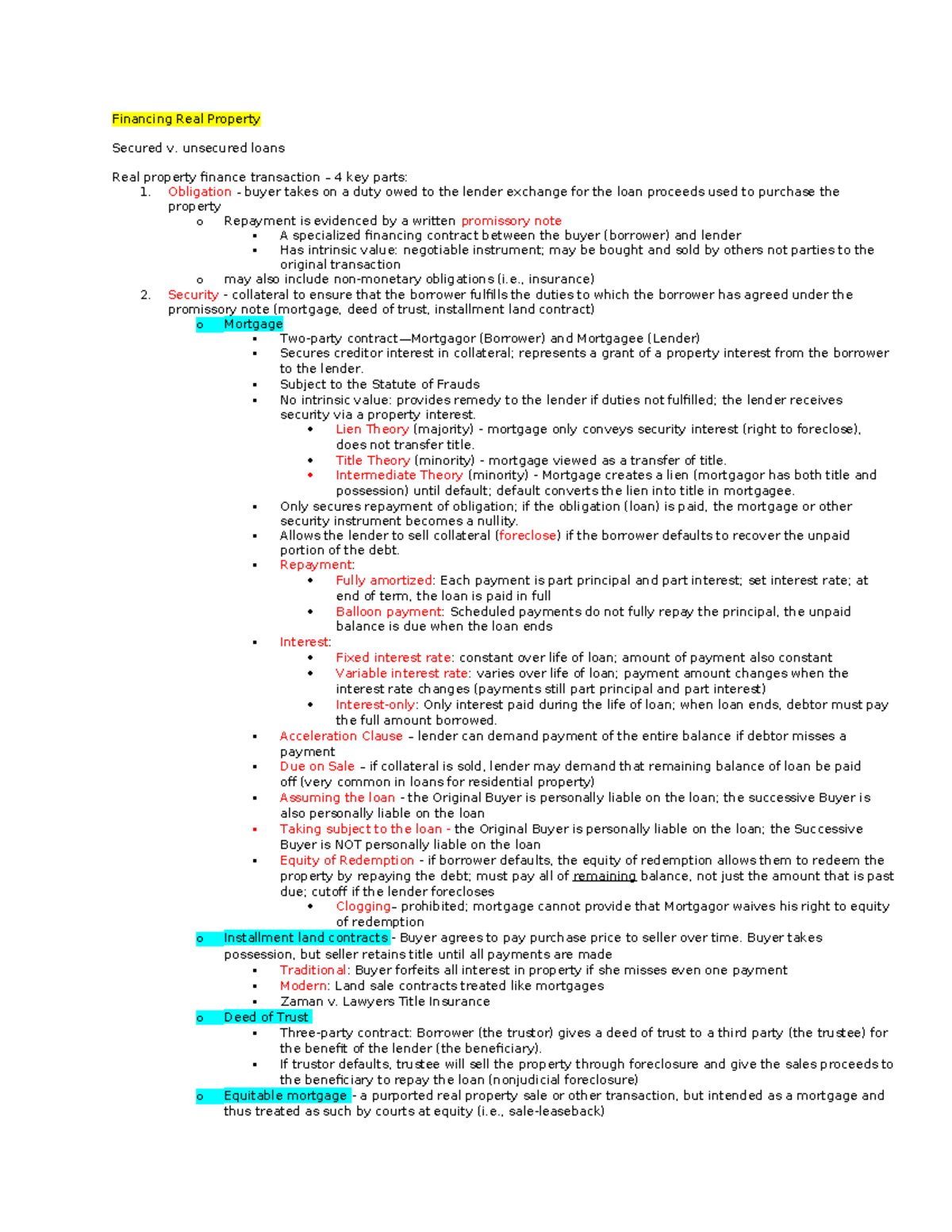 Prop Outline Condensed - Financing Real Property Secured v. unsecured ...