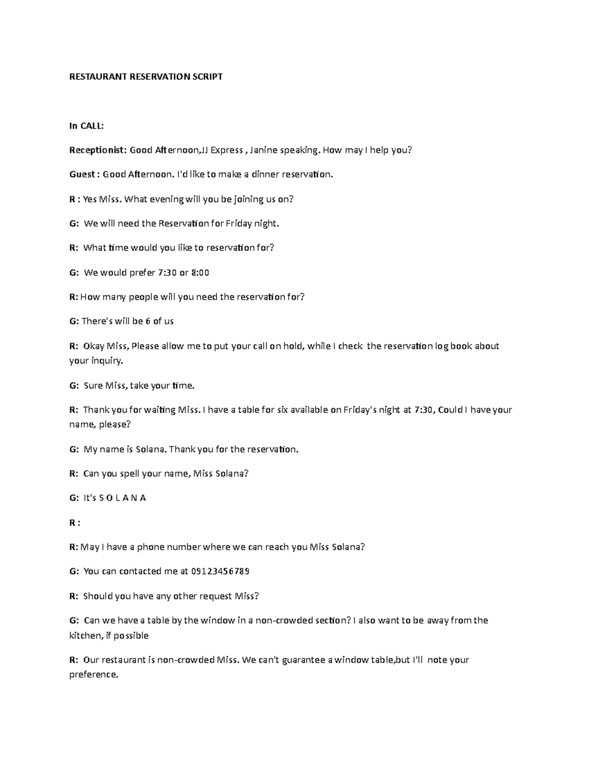 Restaurant RESE-WPS Office - RESTAURANT RESERVATION SCRIPT In CALL ...