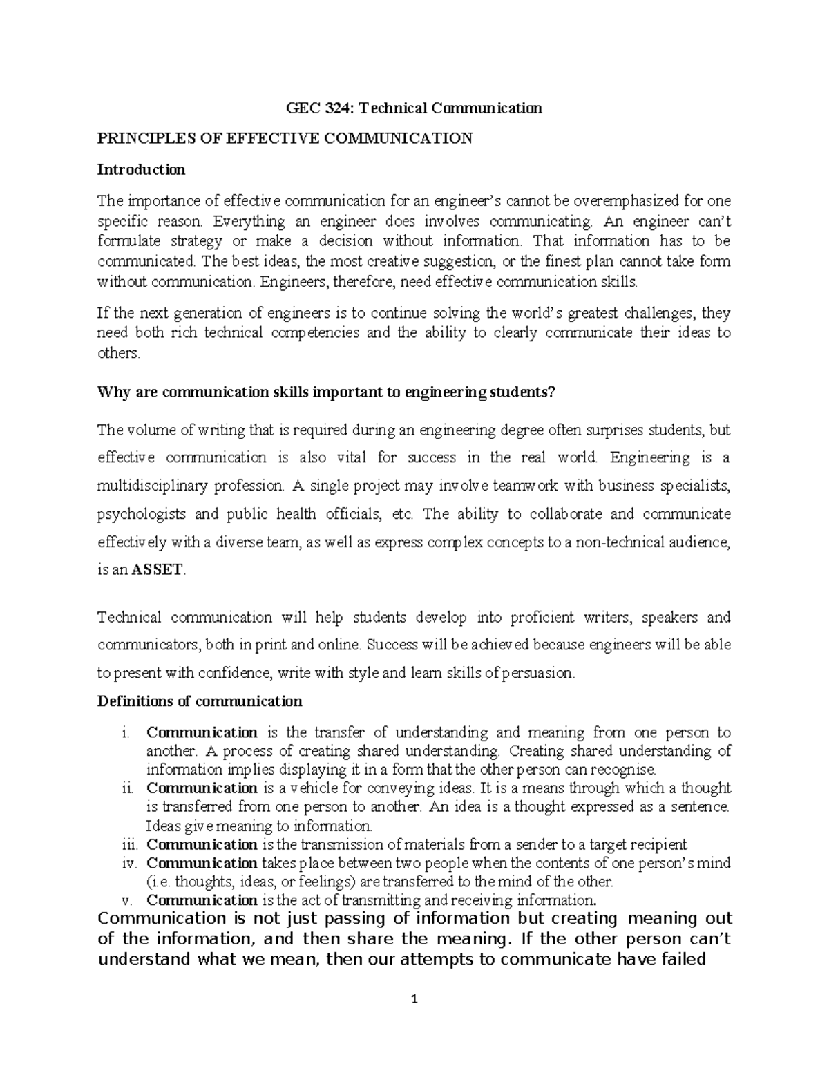 Effective Communication- Notes - GEC 324: Technical Communication ...
