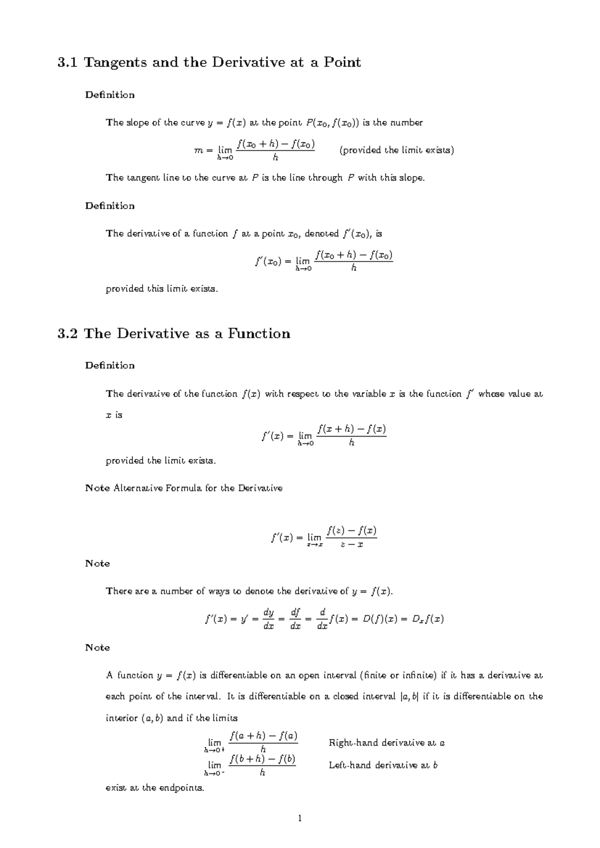 Lecture - Chapter 3 Derivatives M 203 - 3 Tangents and the Derivative at a Point Definition The ...