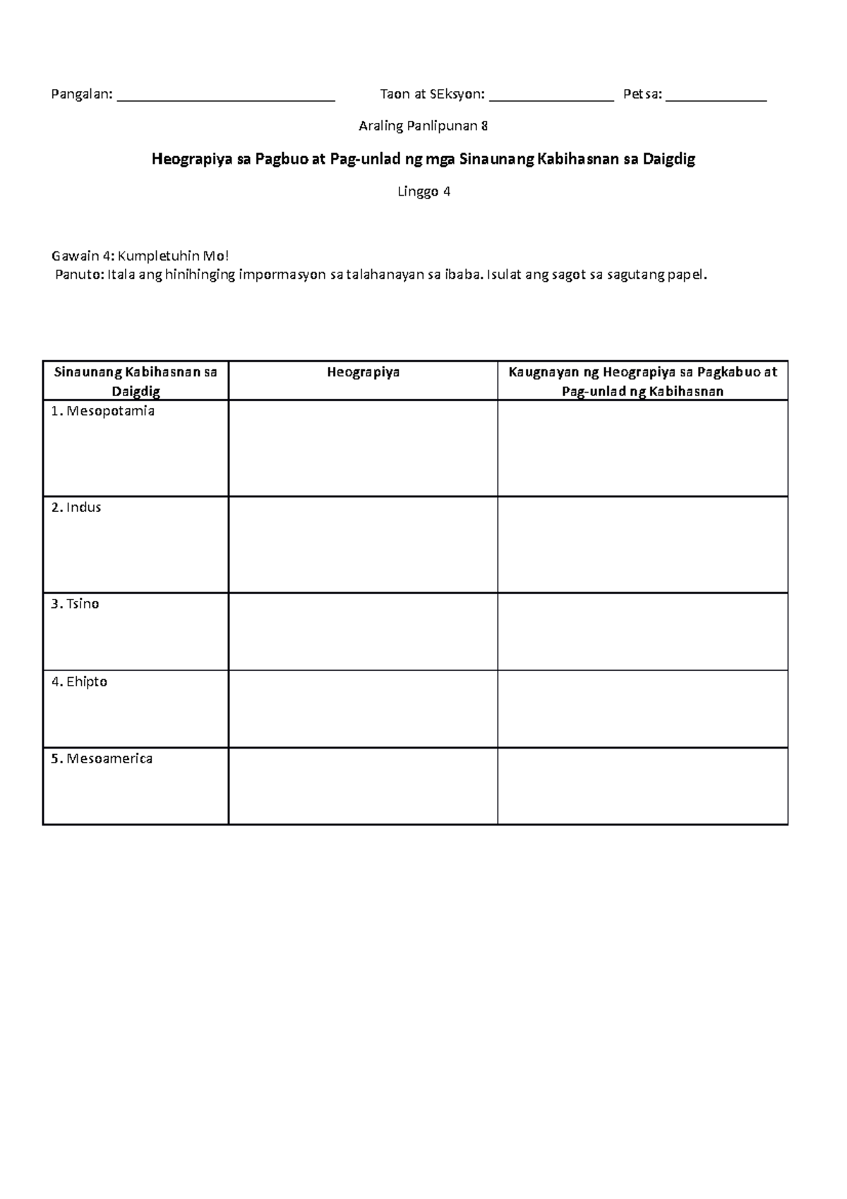 Kabihasnan - for study - Pangalan: ____________________________ Taon at SEksyon ...