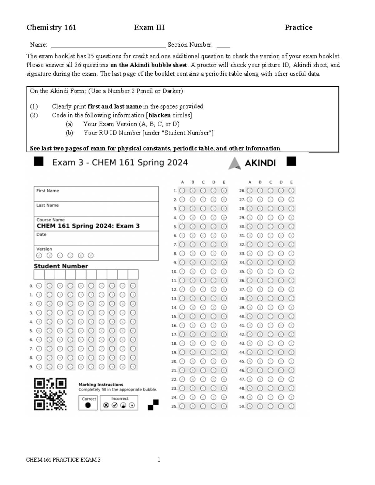 Practice Exam III for Gen Chem 1 - Chemistry 161 Exam III Practice Name: - Studocu