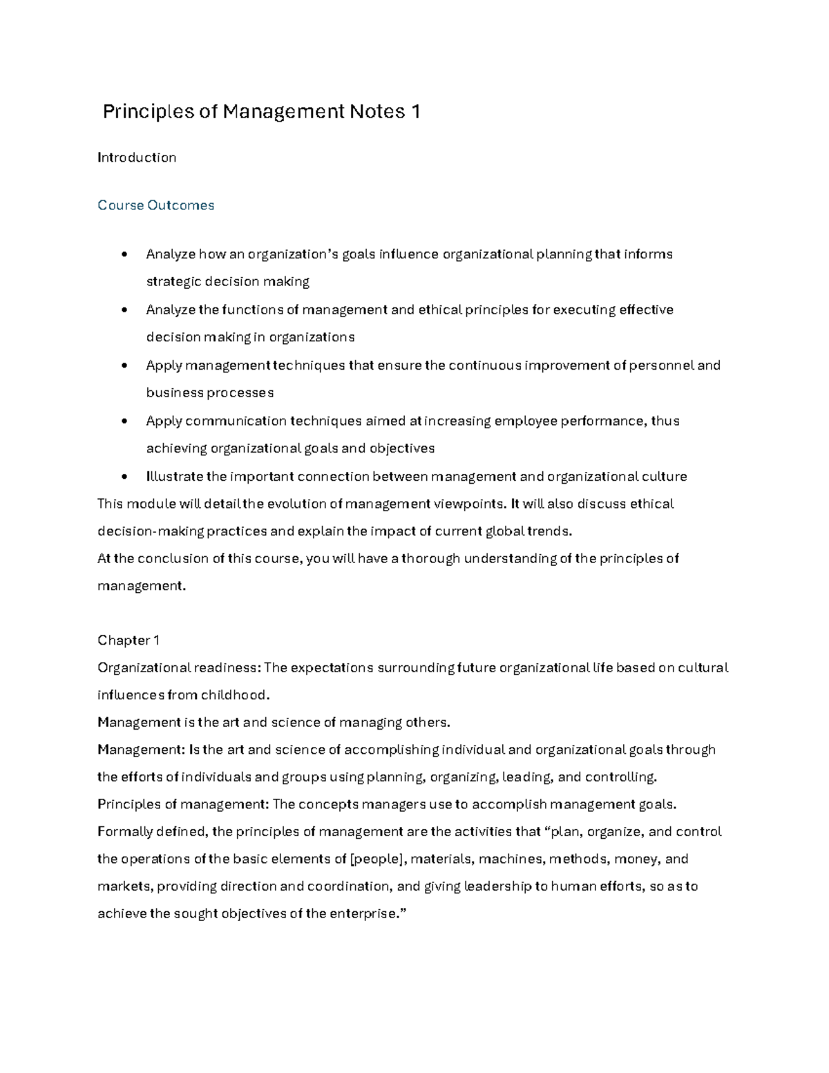 Principles of Management Notes 1 - It will also discuss ethical ...