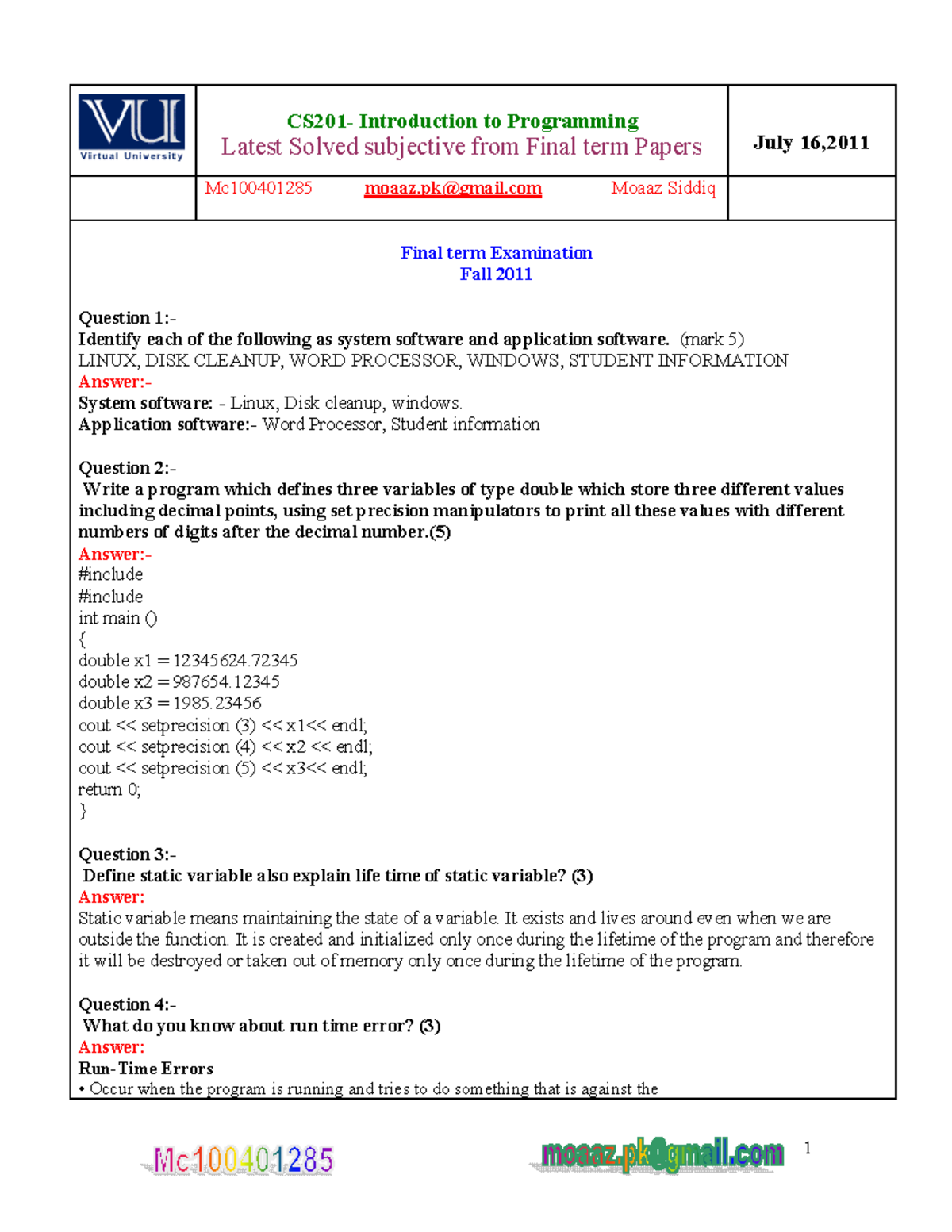 Cs201 final term subjectives solved with references by moaaz vustudy - - Studocu