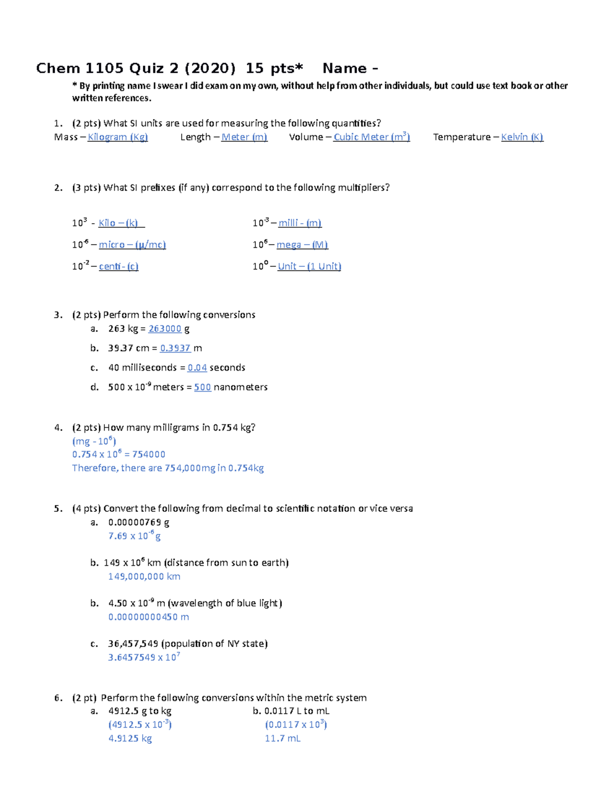 Chem 1105 Quiz 2 - Quiz - Chem 1105 Quiz 2 (2020) 15 pts* Name – By ...