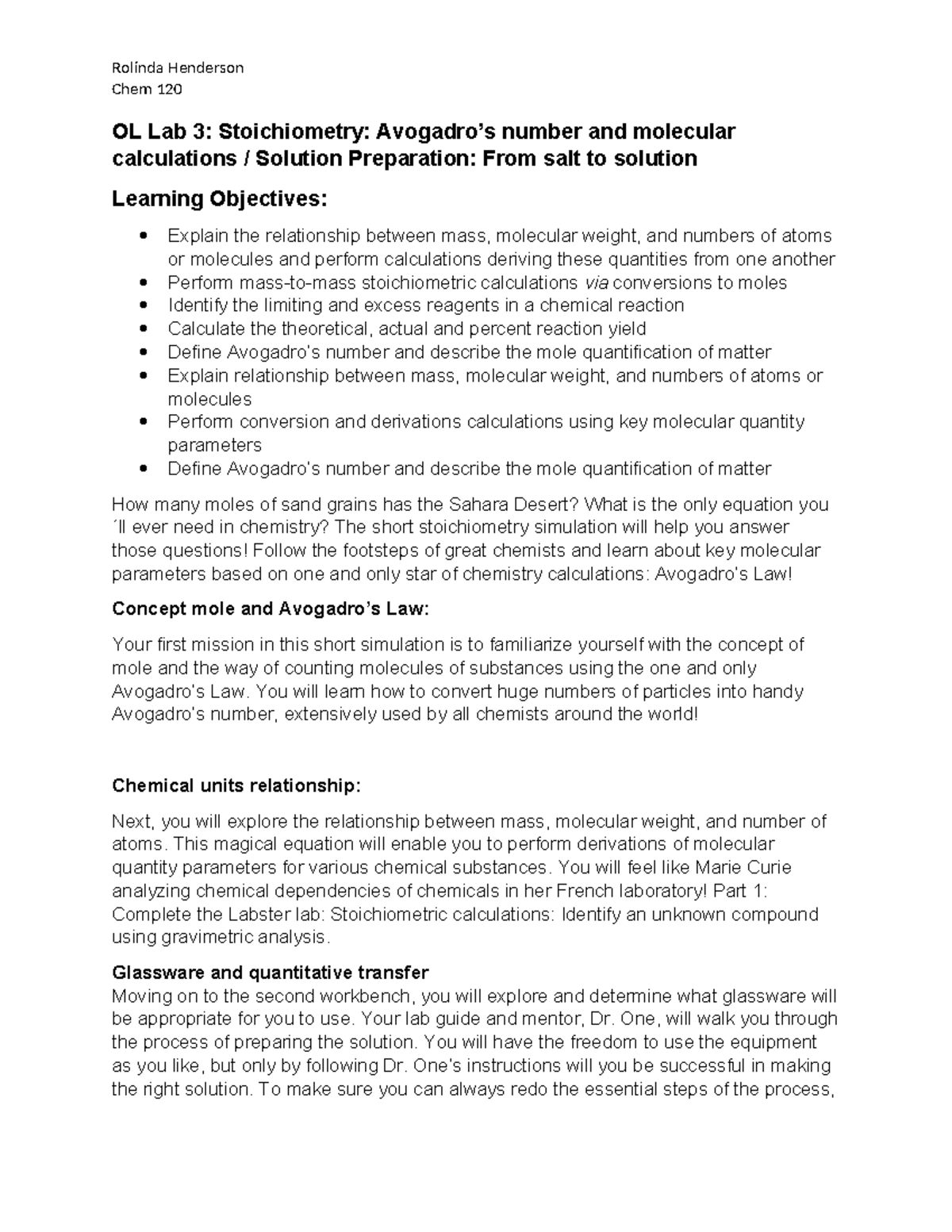 Chem 120 Week 3 Lab Document.doc copy - Chem 120 OL Lab 3: Stoichiometry: Avogadro’s number and ...