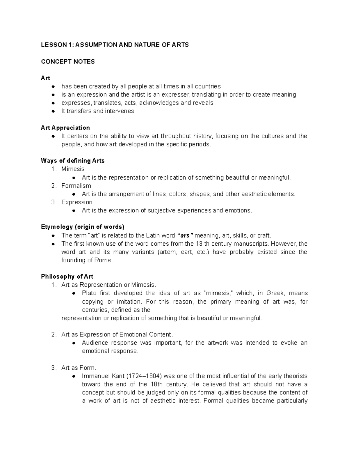 Lesson 1 Assumption AND Nature OF ARTS - LESSON 1: ASSUMPTION AND ...