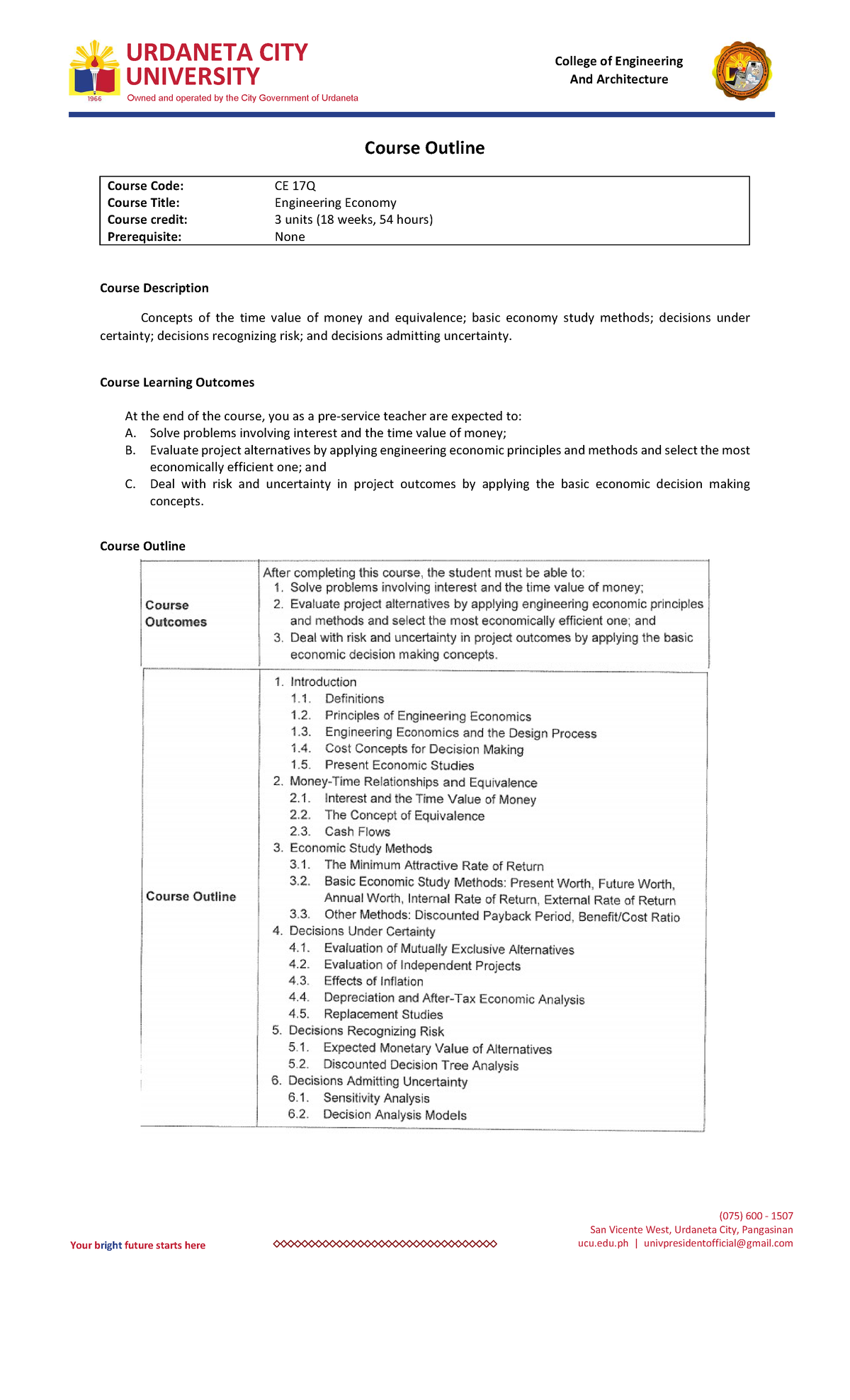 Engineering Economics Course Outline - URDANETA CITY UNIVERSITY Owned ...