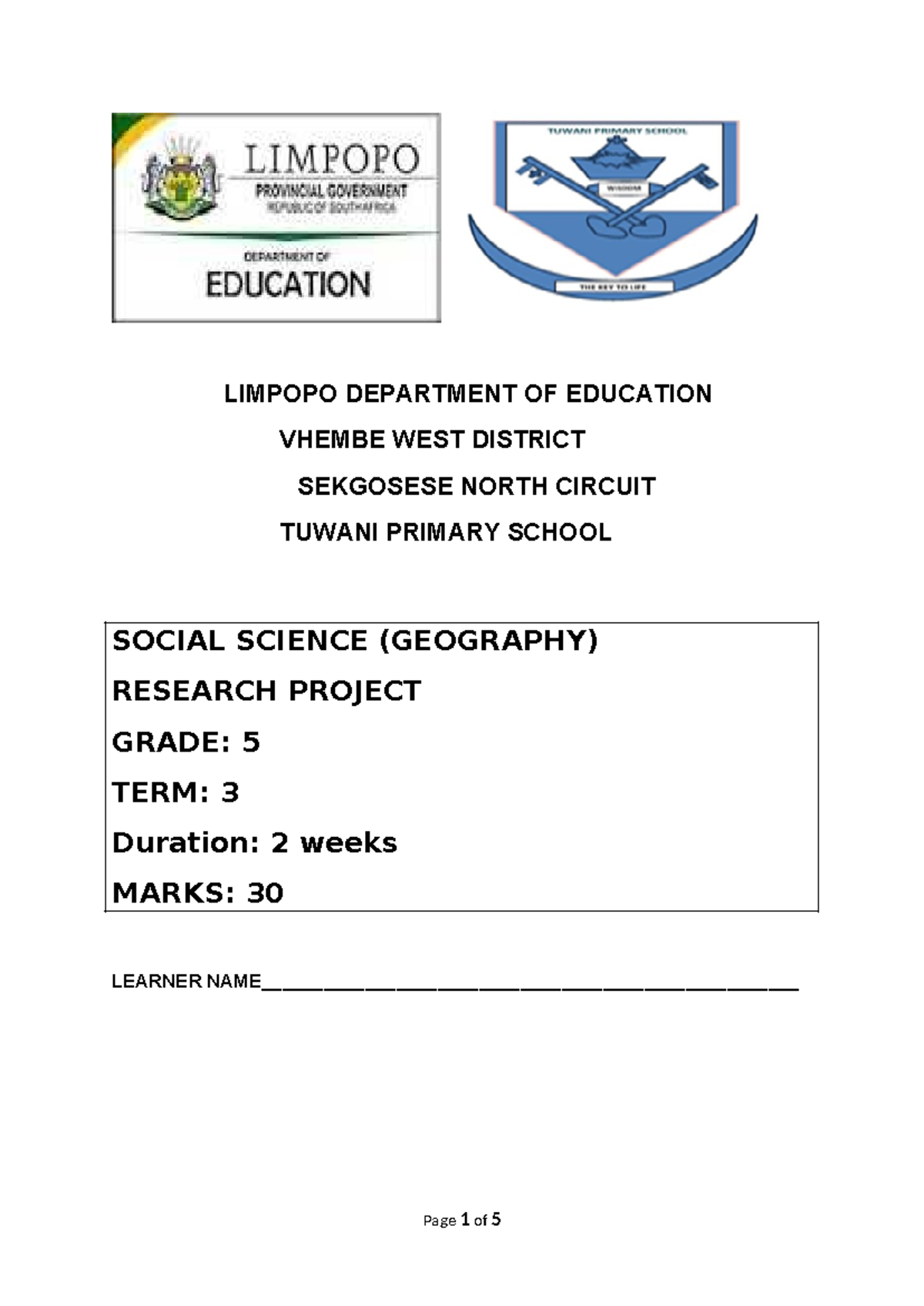 3RD TERM GR.5 Geography Project-SBA - LIMPOPO DEPARTMENT OF EDUCATION ...