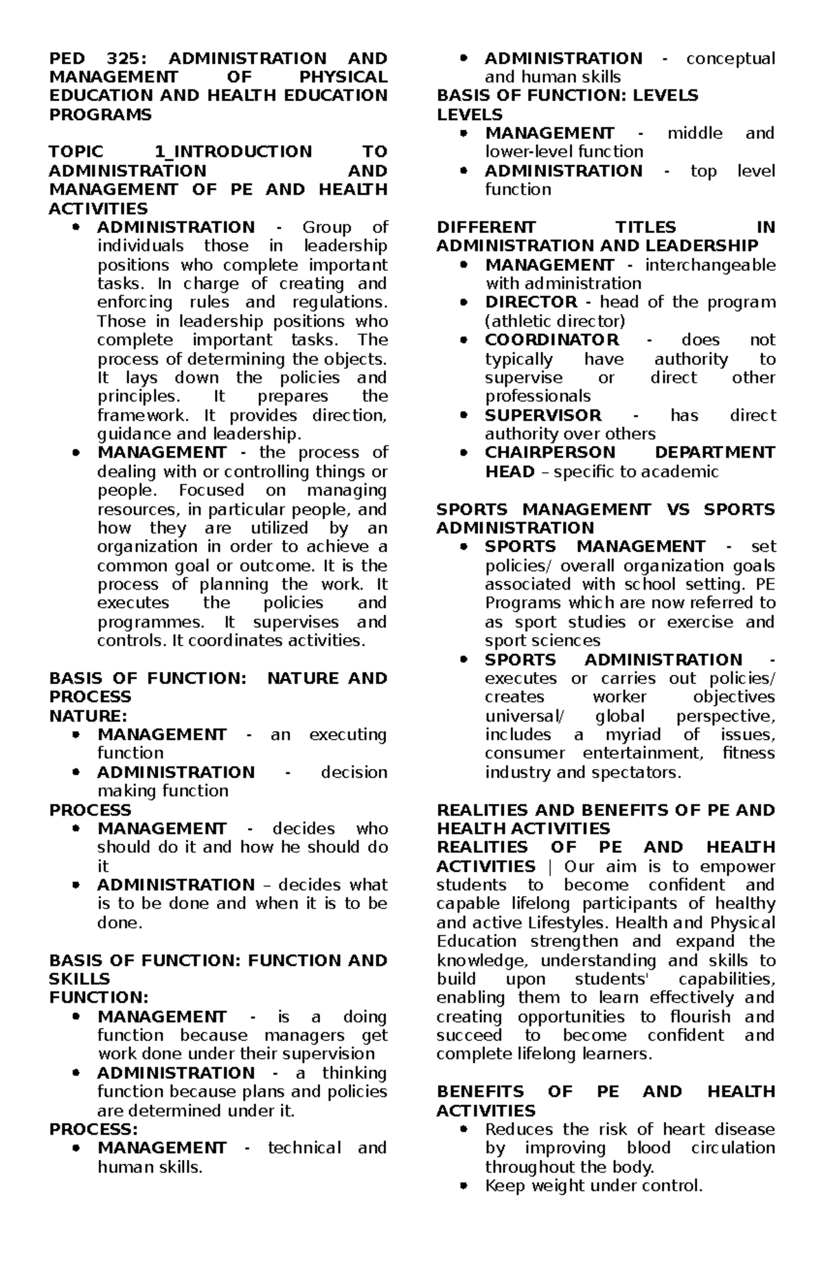 PED 325 Administration AND Management OF Physical Education AND Health ...
