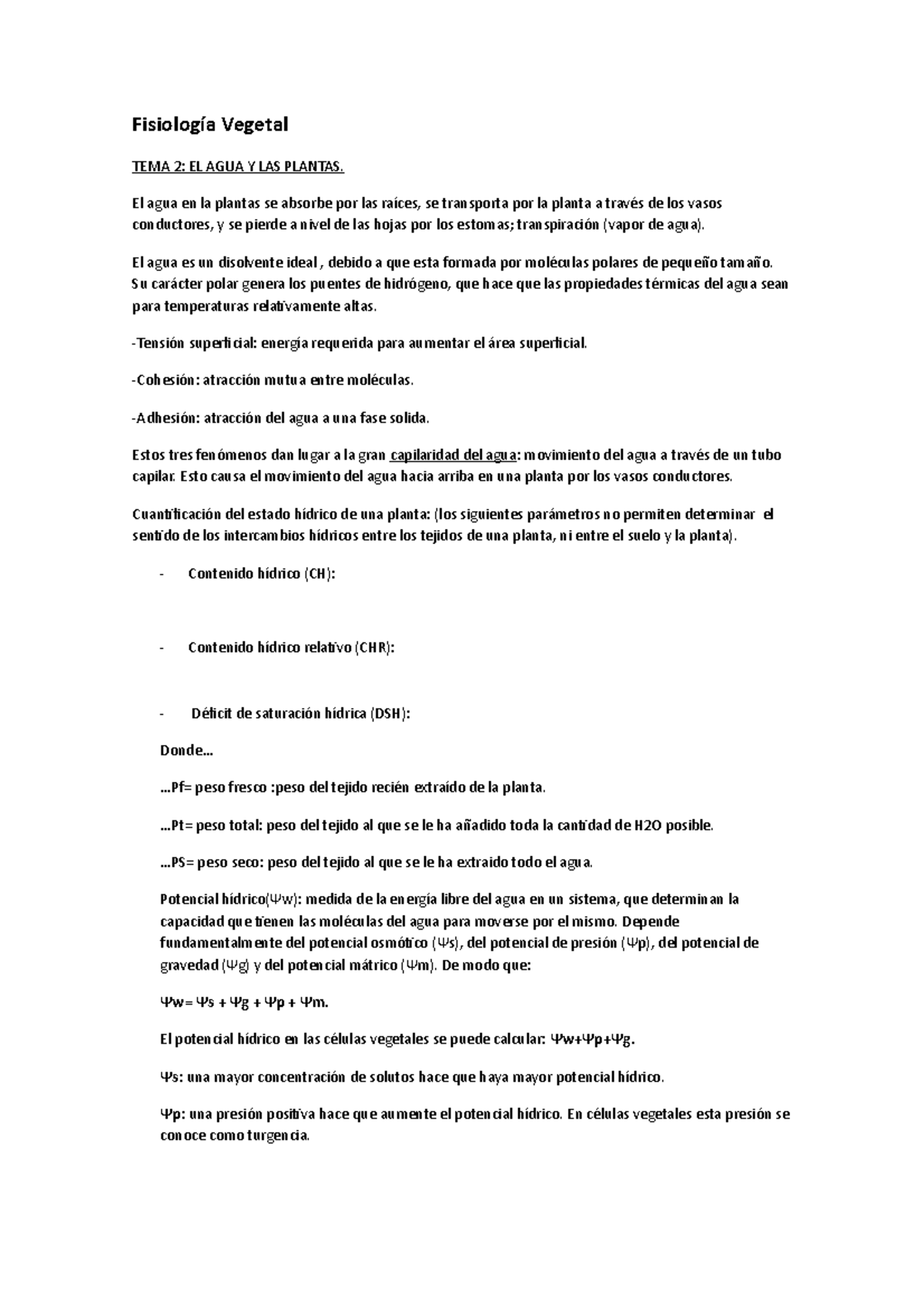 Fisiología vegetal resumen asignatura - Fisiología Vegetal TEMA 2: EL ...