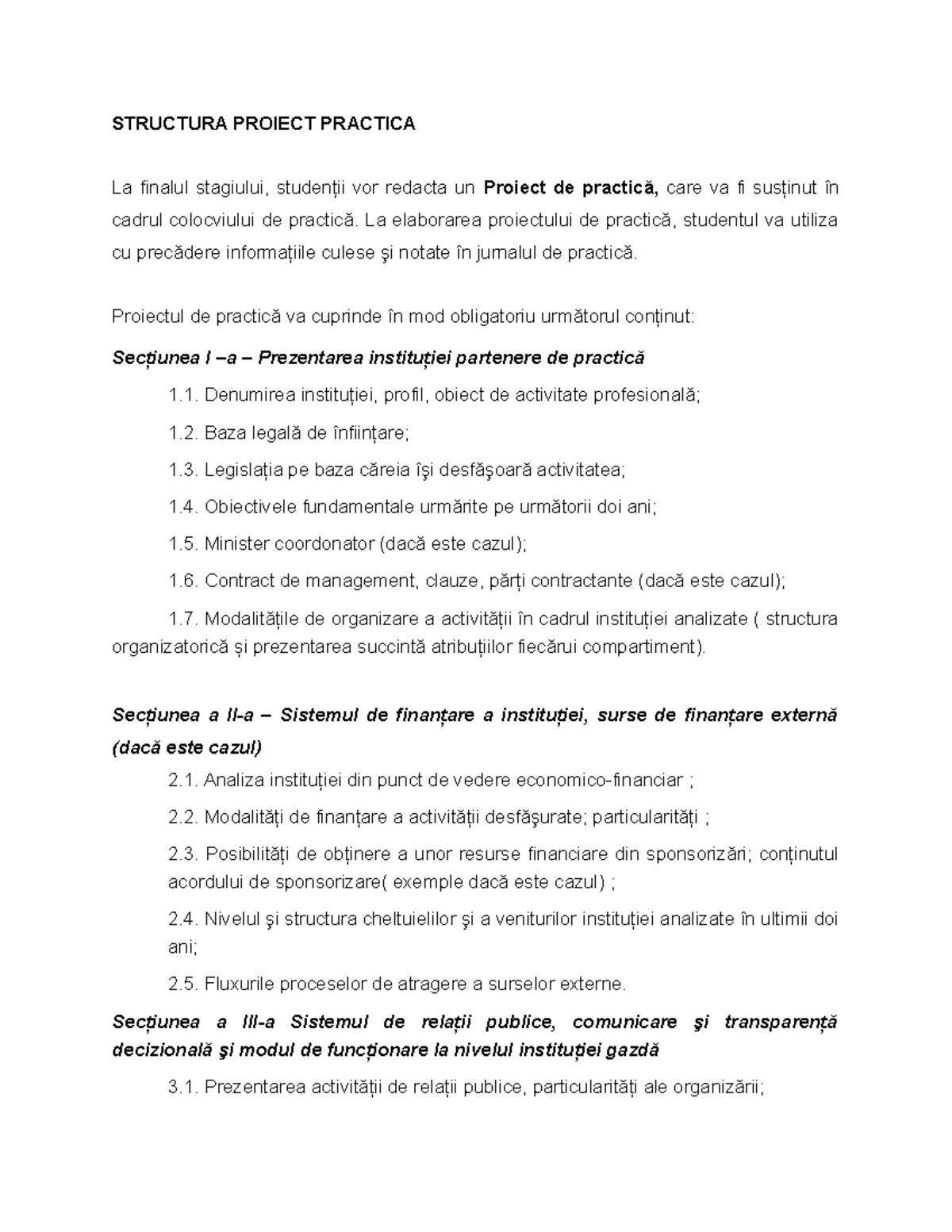 Structura Proiect Practica - STRUCTURA PROIECT PRACTICA La finalul ...