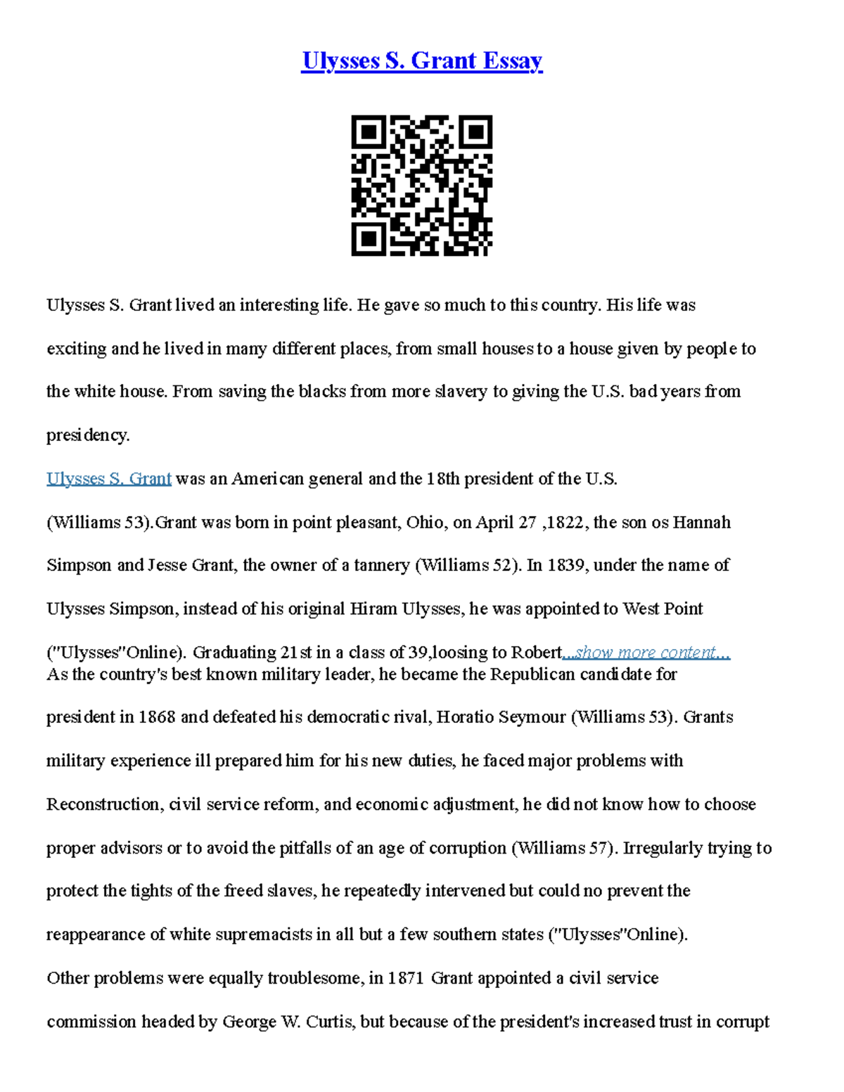 Ulysses S Grant Essay - Ulysses S. Grant Essay Ulysses S. Grant lived ...