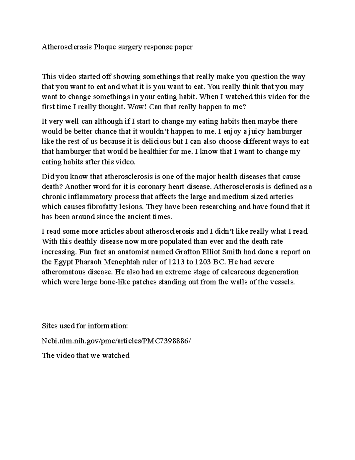 Atheroclerosis response paper - Atherosclerasis Plaque surgery response ...