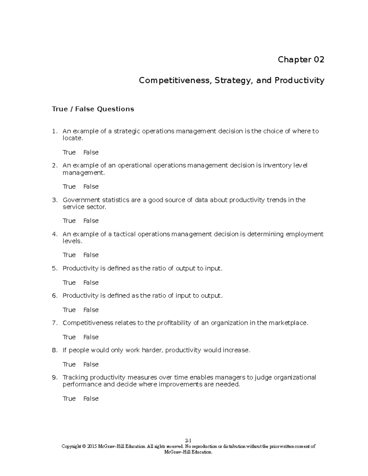 TBChap 002 - Quiz - Chapter 02 Competitiveness, Strategy, and ...