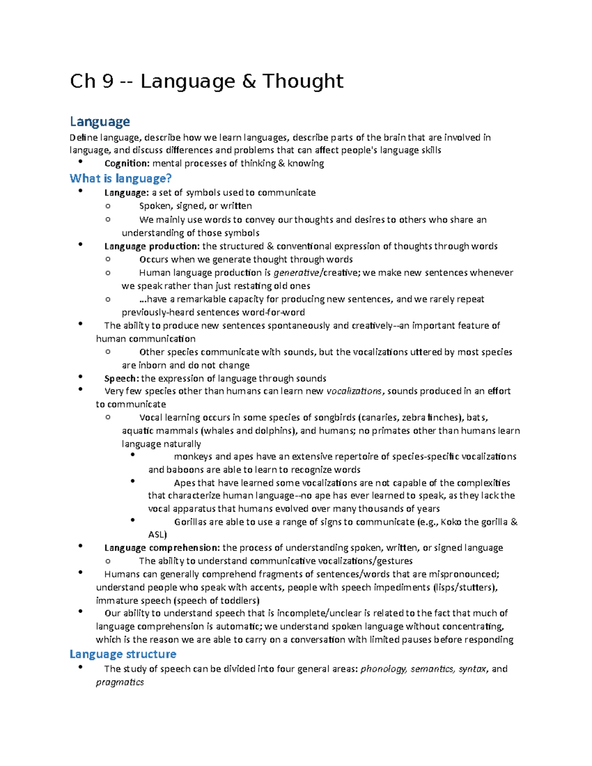 Chapter 9 Notes Ch 9 Language Thought Language Define Language