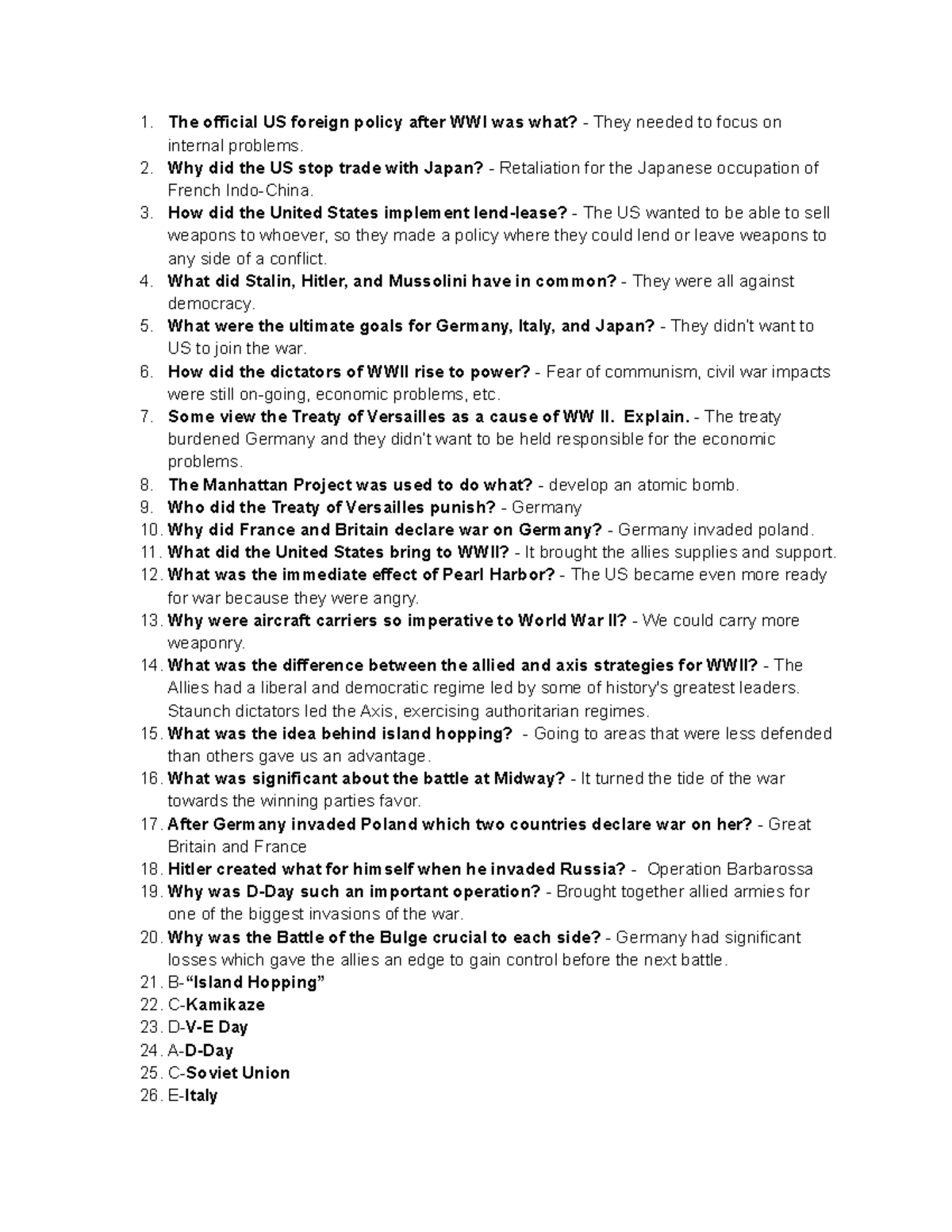 WW2 Study guide - WW2 - The official US foreign policy after WWI was ...