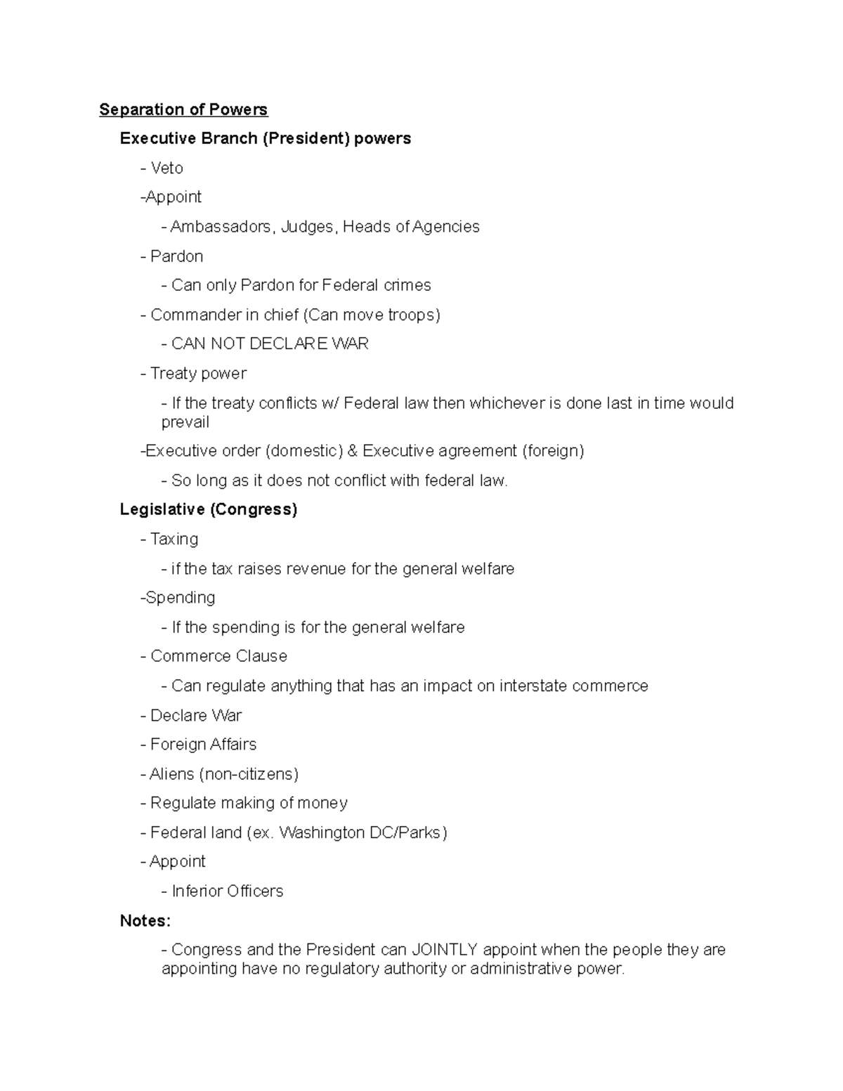 Constitutional Law - Separation of Powers Executive Branch (President ...