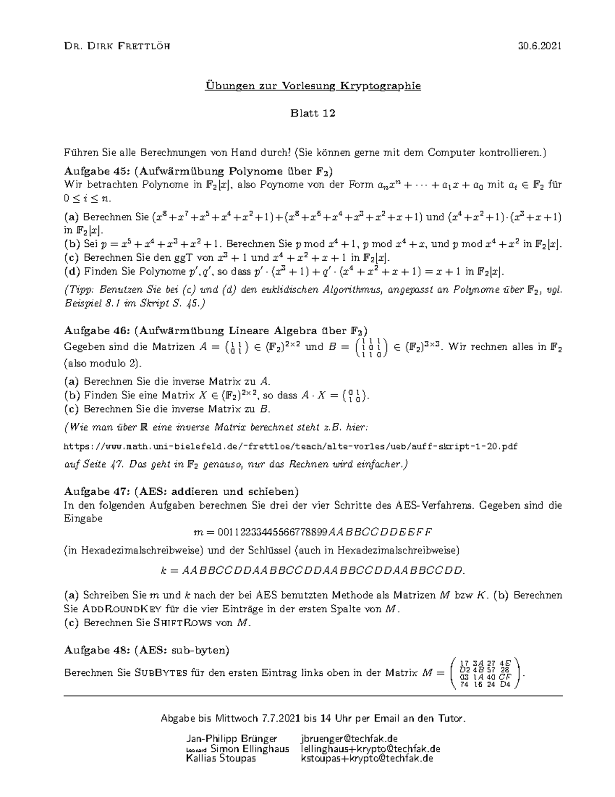 Krypt 21-ueb12 - Hausaufgabenblatt - Dr. Dirk Frettl ̈oh 30. Ubun ̈ gen ...