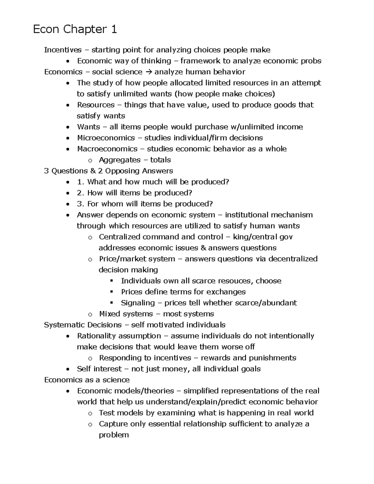 Econ 203 Lecture Notes - Econ Chapter 1 Incentives – starting point for ...