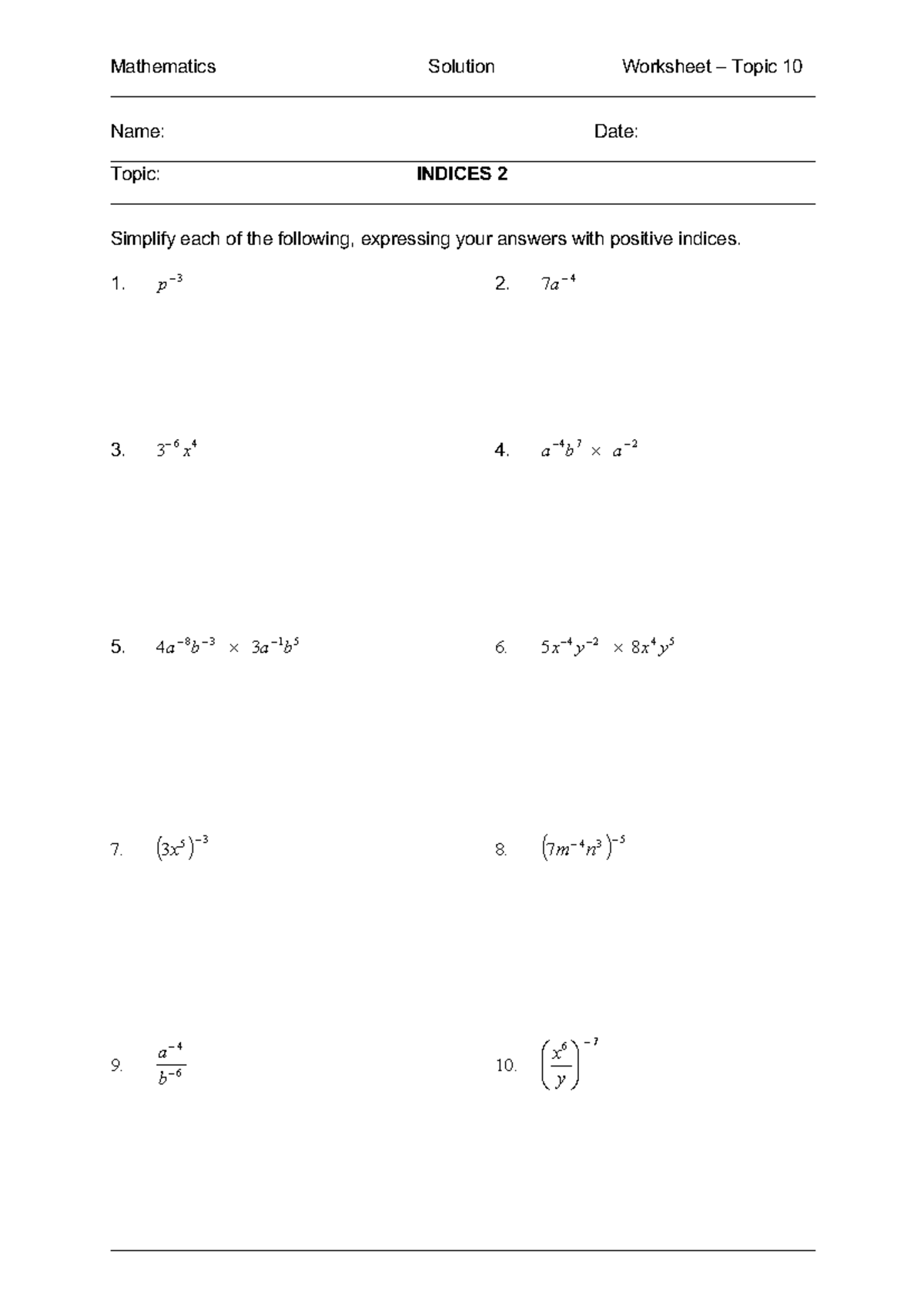 Worksheet Indices 7-10 advanced - Mathematics Solution Worksheet ...