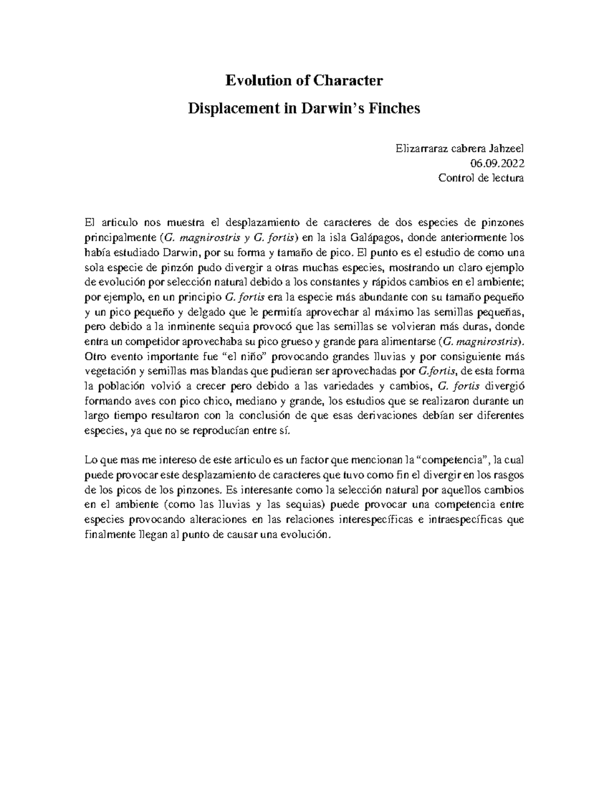 Evolution of Character Displacement in Darwin’s Finches - Evolution of Character Displacement in ...