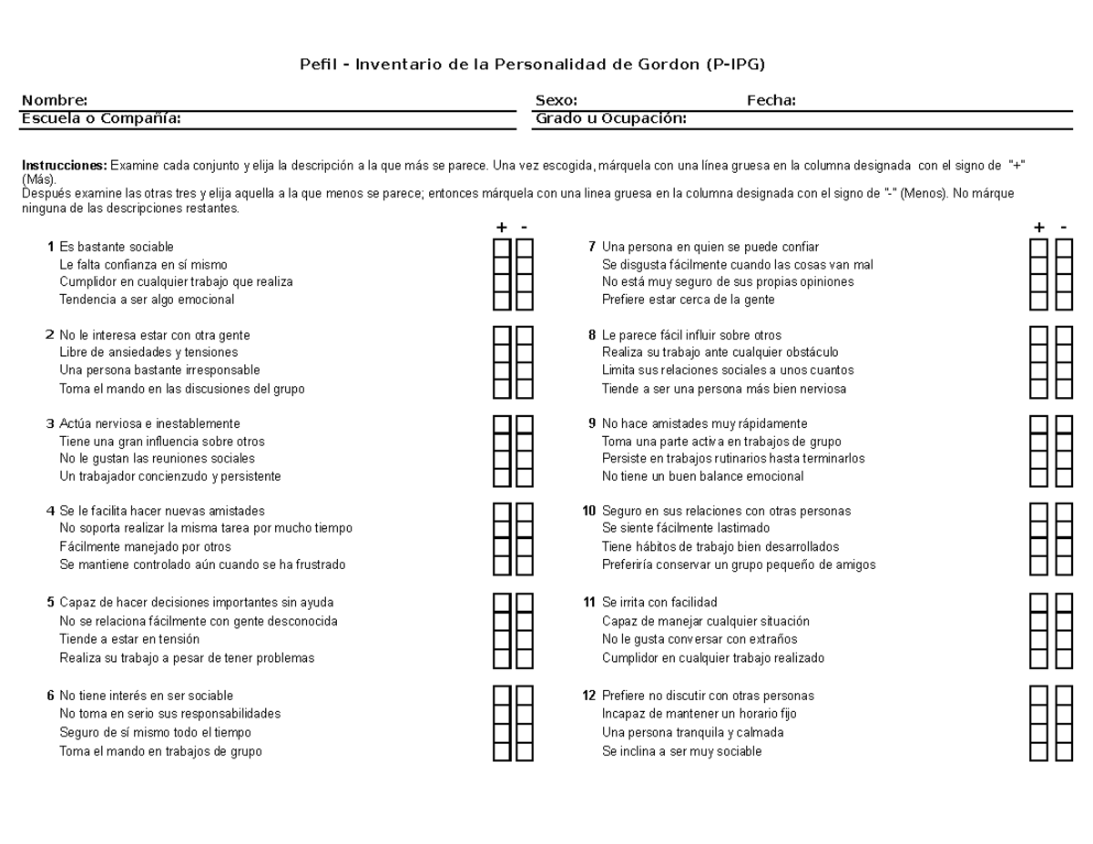Cuadernillo de preguntas gordon - Pefil - Inventario de la Personalidad ...