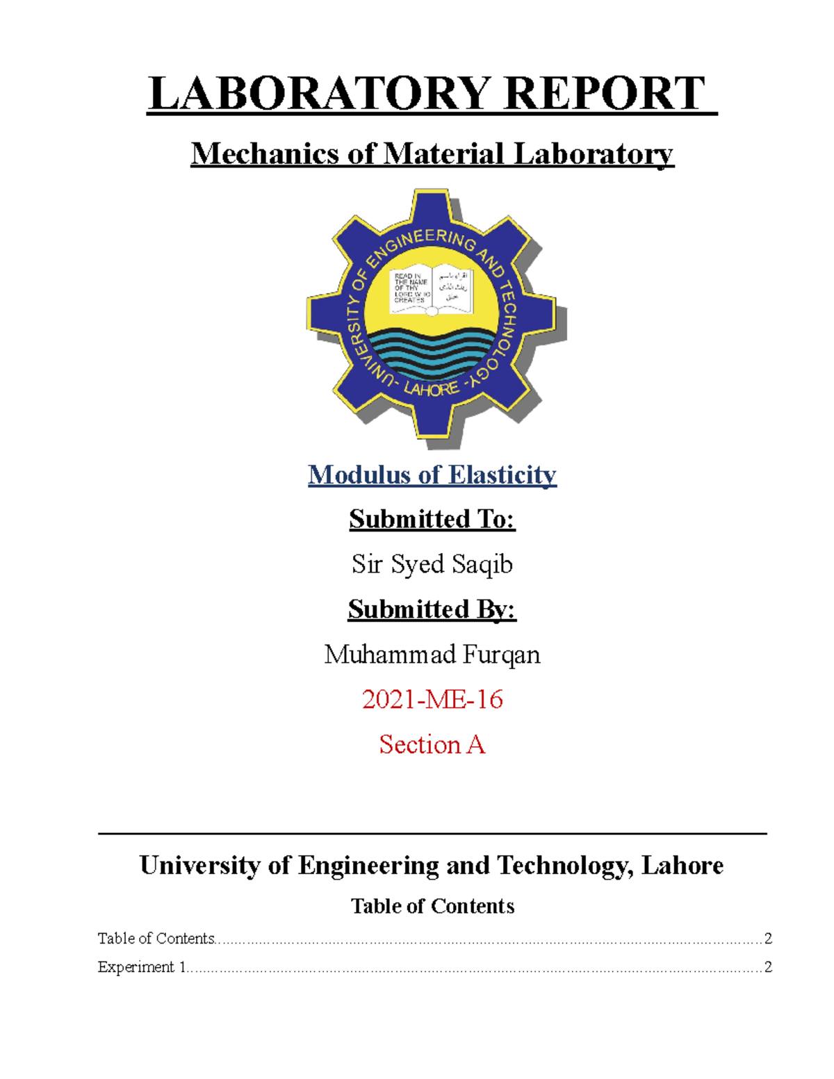 Experiment 1 - uiuoy - LABORATORY REPORT Mechanics of Material ...