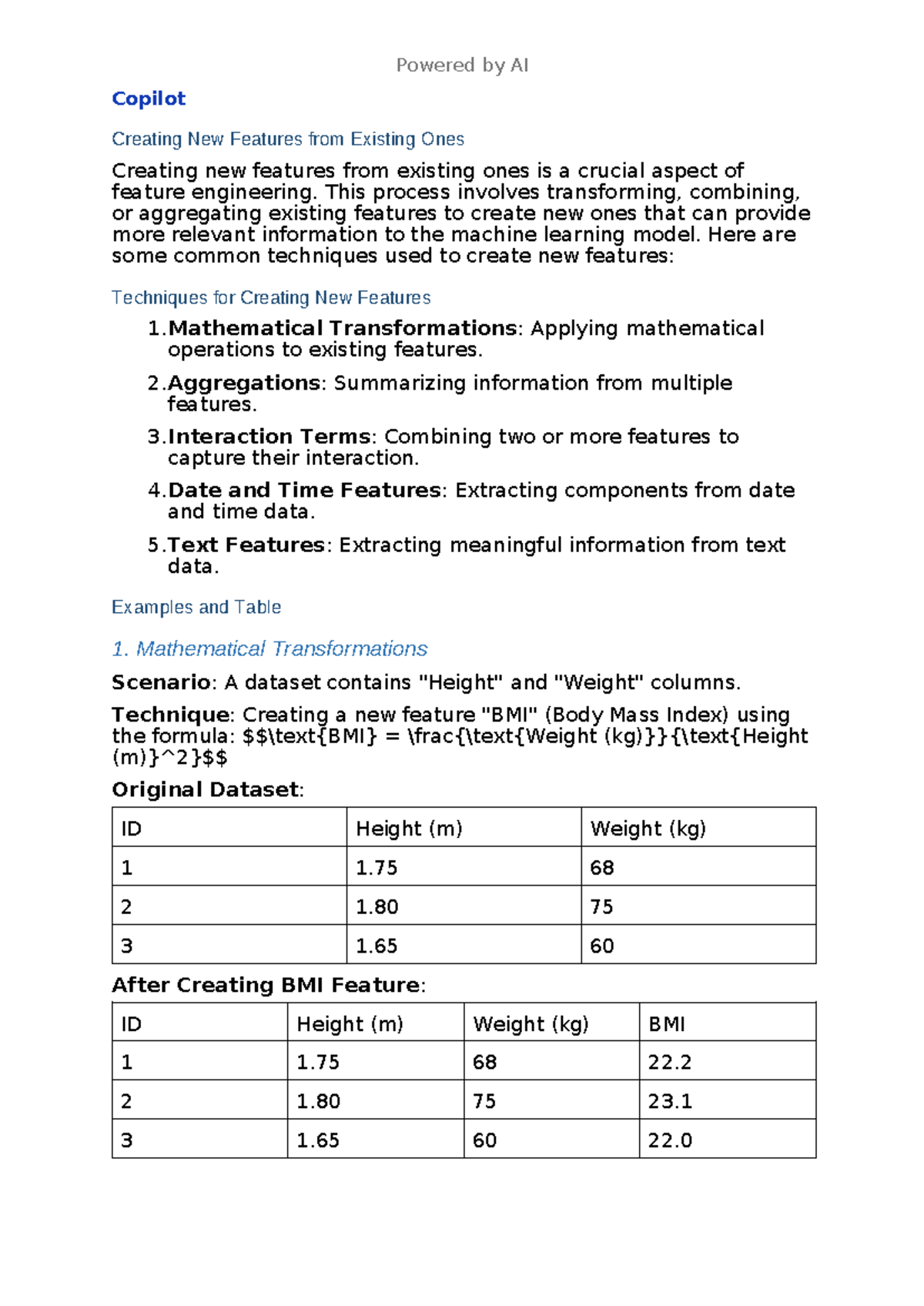 Feature Engineering Describe how to create new features from existing ones - Copilot Creating ...