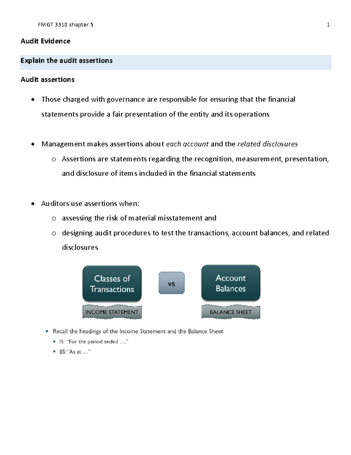 3310 chapter 5 - notes - Audit Evidence Explain the audit assertions ...