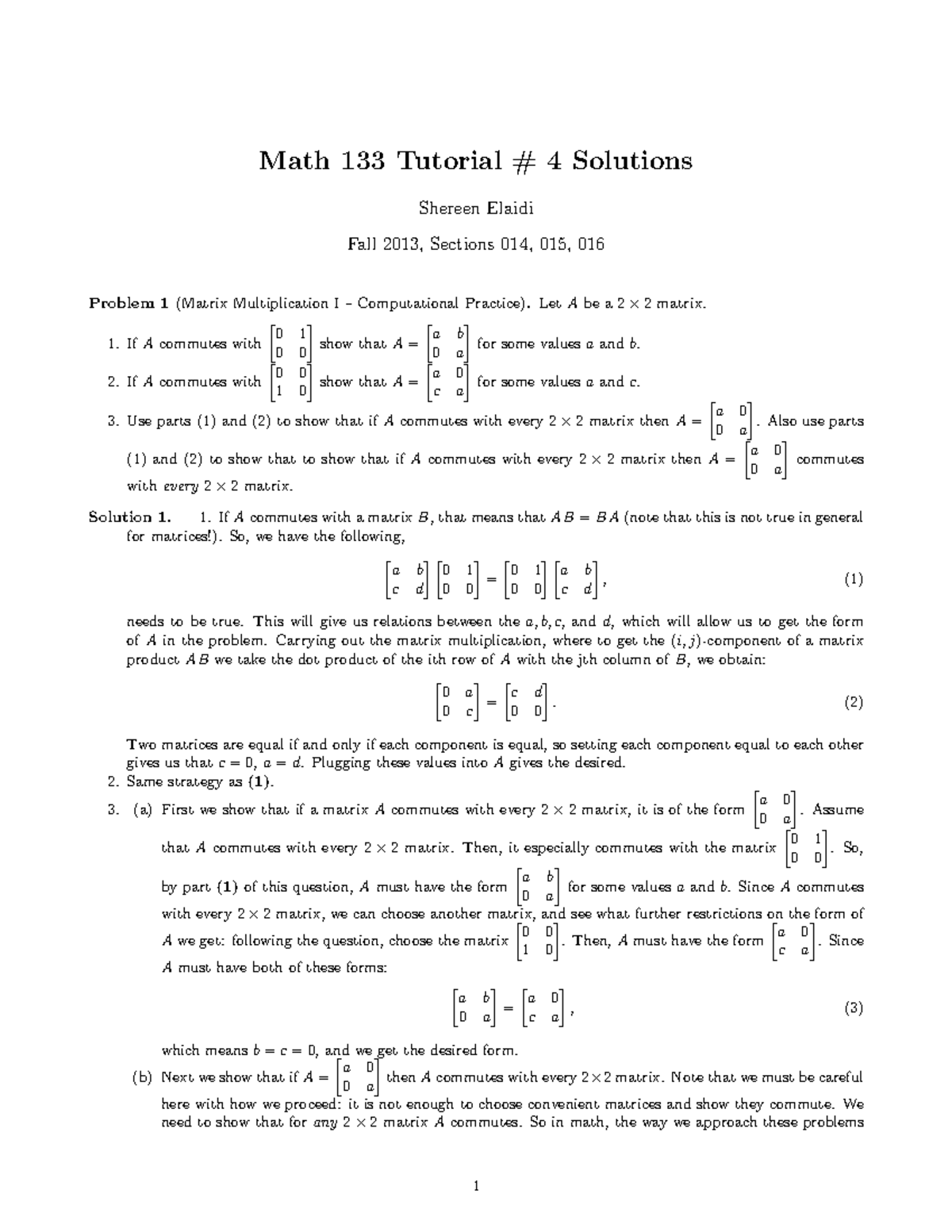 Tutorial 4 Solutions (014, 015, 016) - Math 133 Tutorial # 4 Solutions Shereen Elaidi Fall 2013 ...