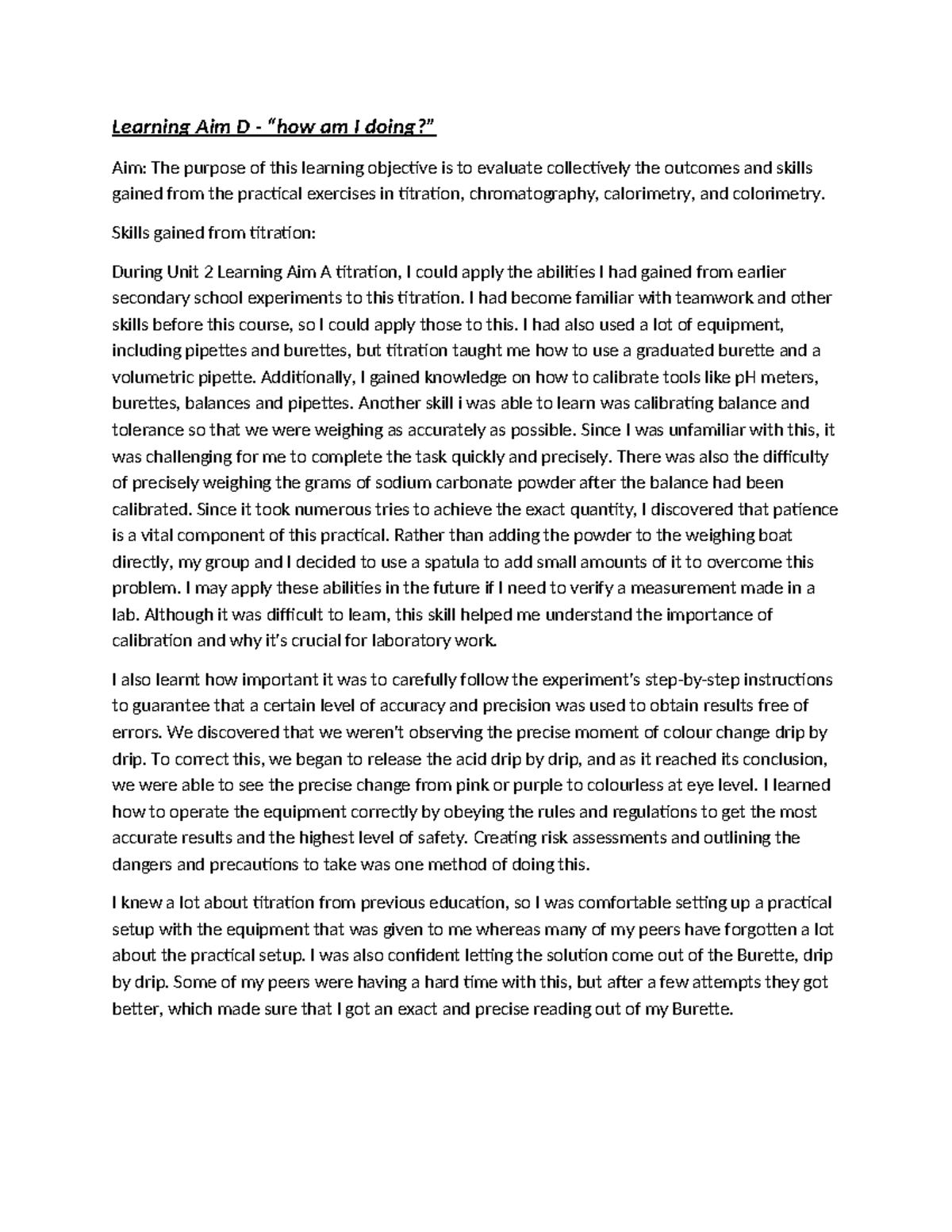 Learning Aim D - “how am I doing” - Skills gained from titration ...