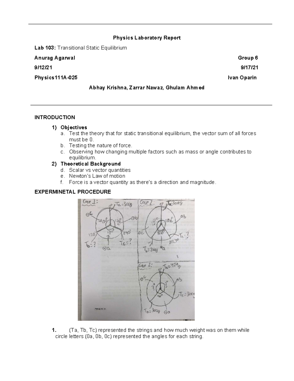 Physics Lab 1 - Physics Laboratory Report Lab 103: Transitional Static ...