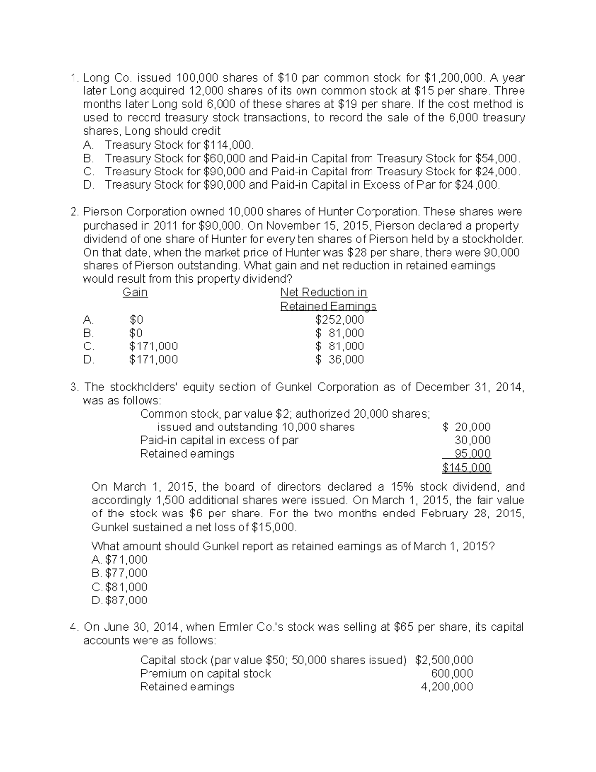 Sample Exam II - Long Co. issued 100,000 shares of $10 par common stock ...